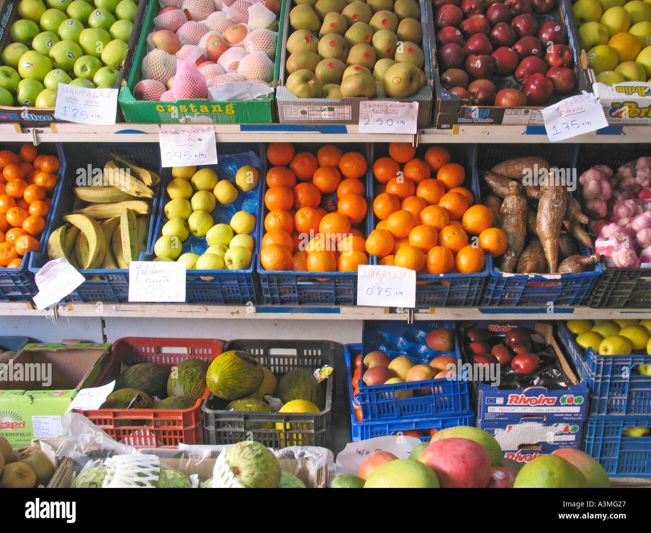 Fruit and vegetables in Spanish shop display Stock Photo - Alamy
