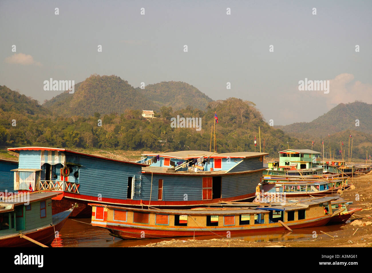 Docking Living Vessels in Port of Louangphrabang on Mekong River Laos ...