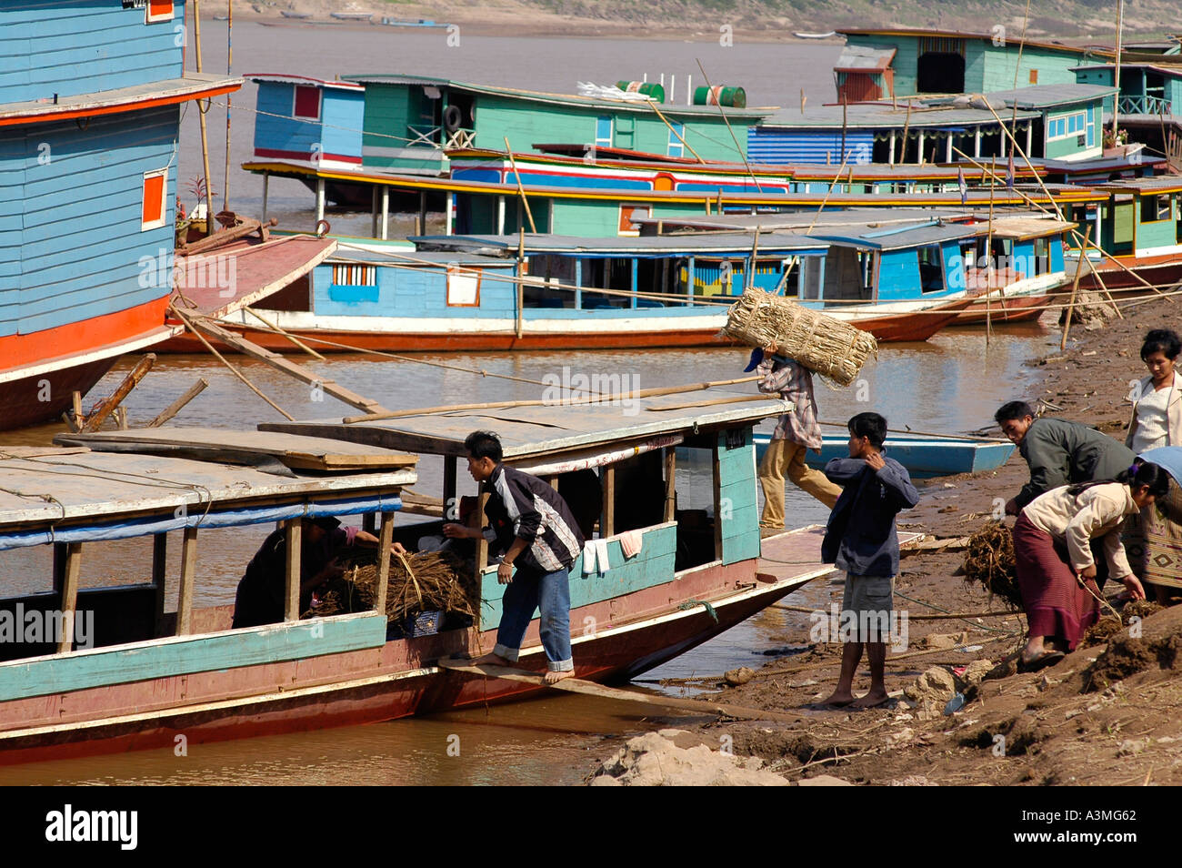 Loading Ships in Port of Louangphrabang on Mekong River Laos Southeast ...