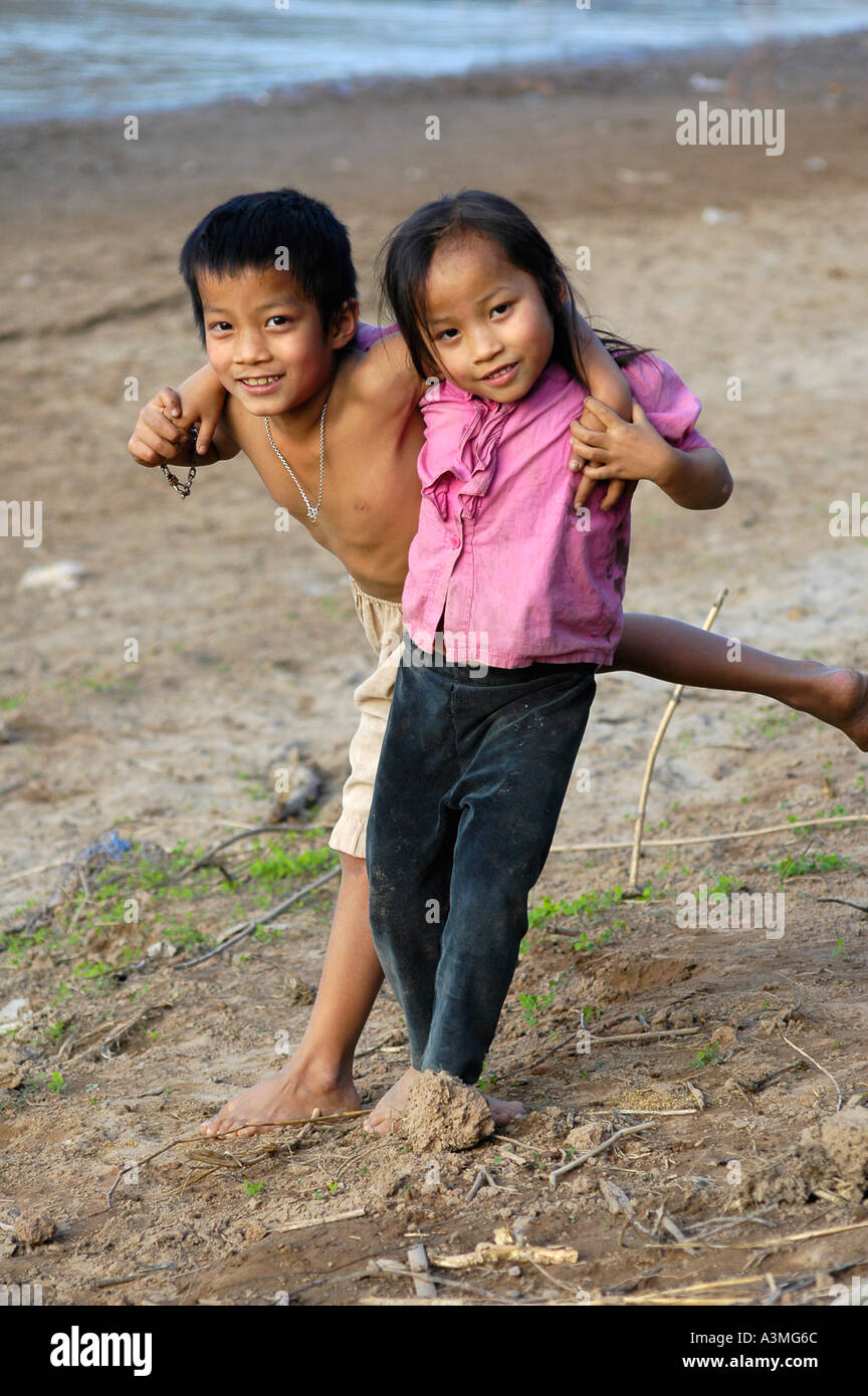 Lao Children Playing on the Shore of Mekong River in Louangphrabang ...