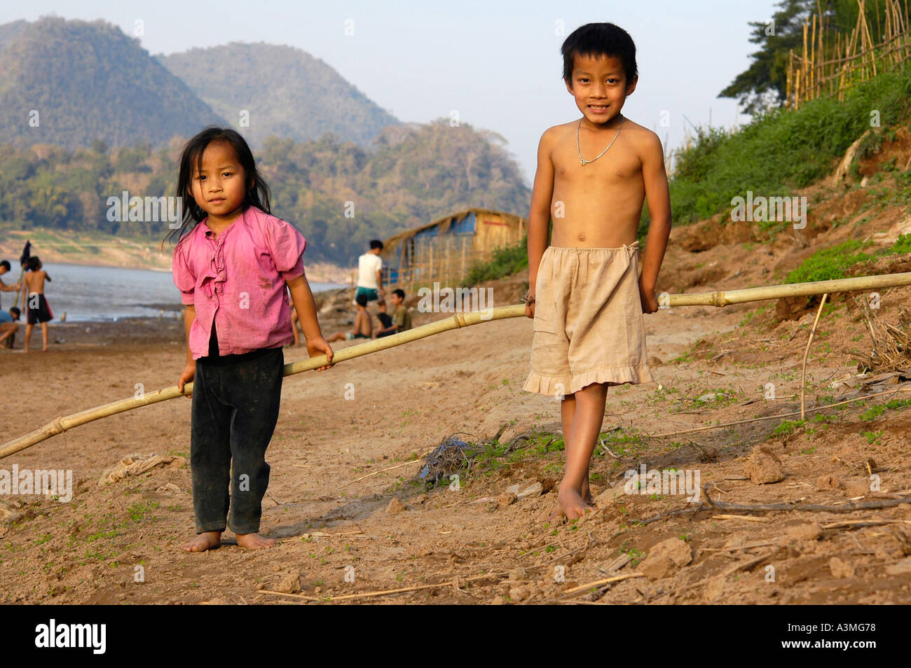 Lao Kids on the Shore of Mekong River in Louangphrabang Laos Stock ...