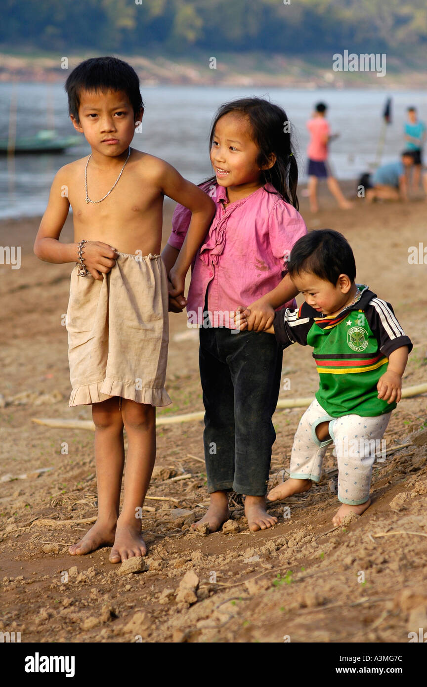 Lao Children on the Shore of Mekong River in Louangphrabang Laos Stock ...