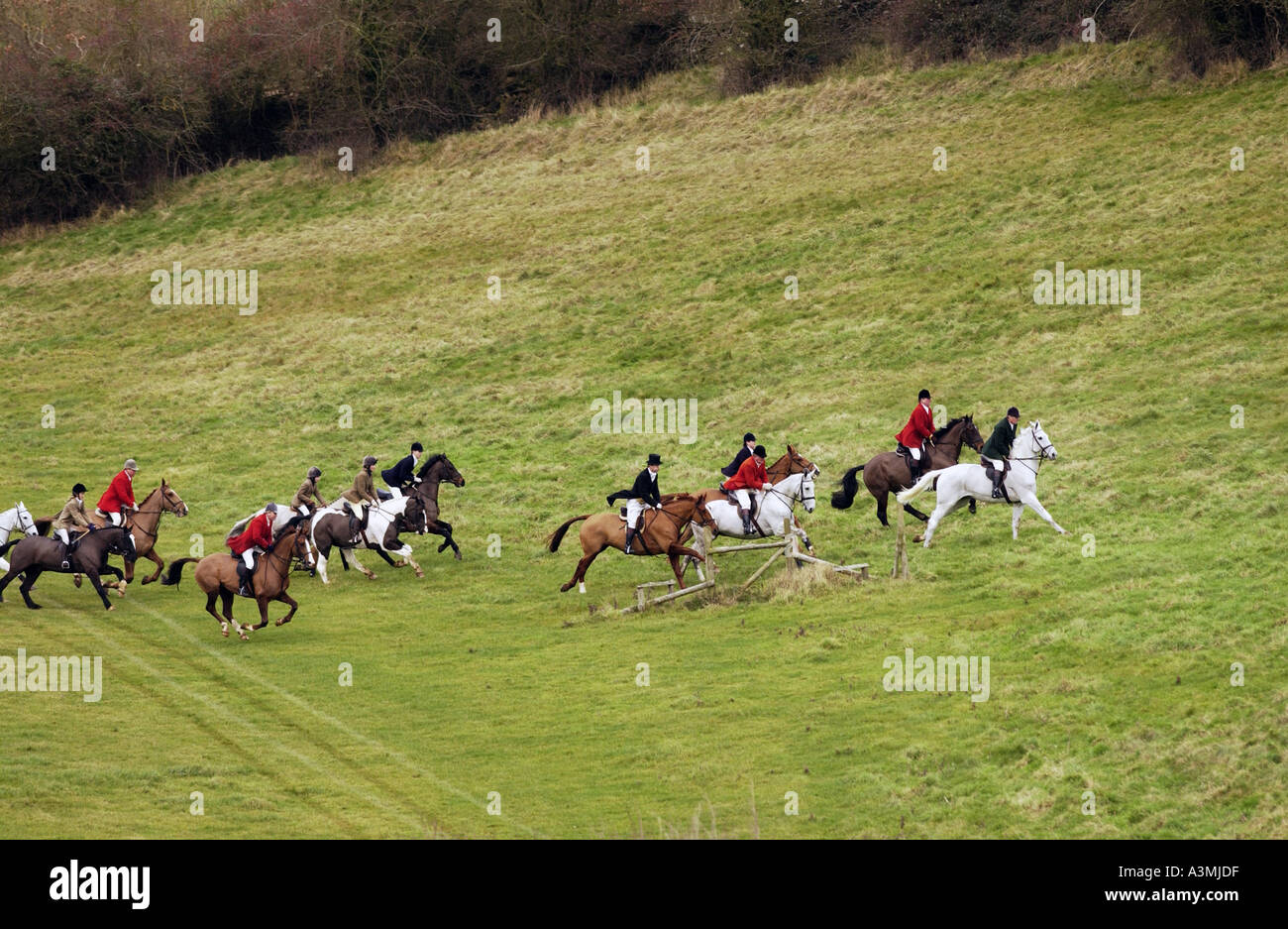 Huntsmen riding across fields during the Heythrop New Year s Day Hunt ...