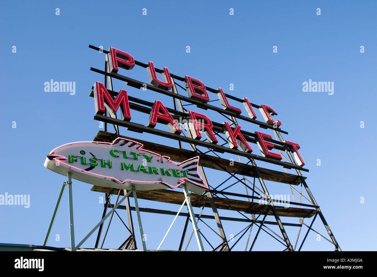 Large Neon Public Market Sign Stock Photo - Alamy