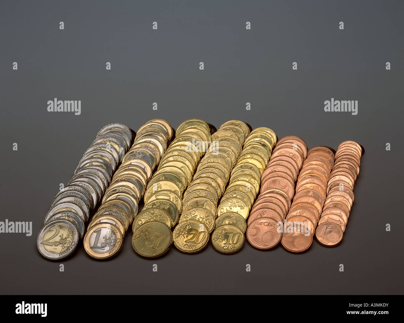 ROWS WITH THE 8 DIFFERENT EURO AND CENT COINS Stock Photo - Alamy