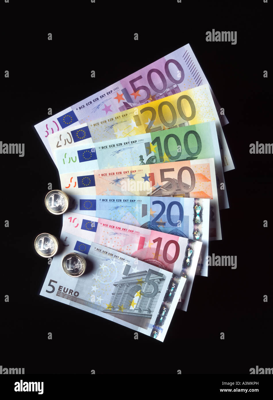 THE 7 DIFFERENT EURO BANKNOTES WITH 3 EURO COINS Stock Photo - Alamy