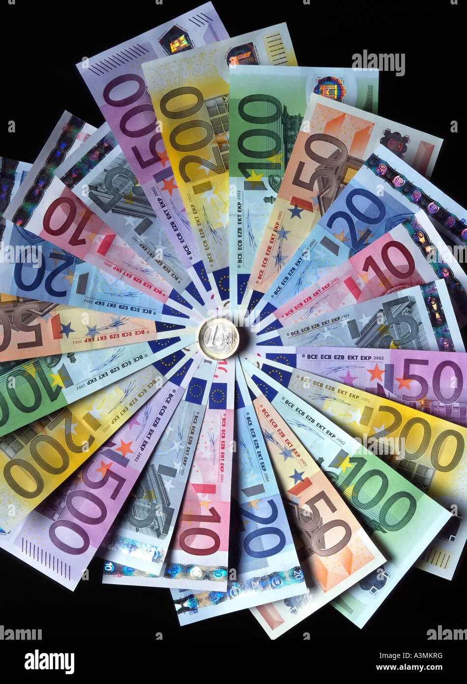 CIRCLE WITH THE 7 DIFFERENT EURO BANKNOTES AND ONE EURO COIN Stock ...