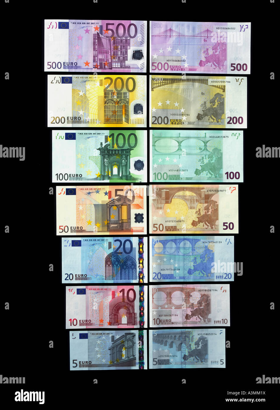 BOTH SIDES OF THE 7 DIFFERENT EURO BANKNOTES Stock Photo - Alamy