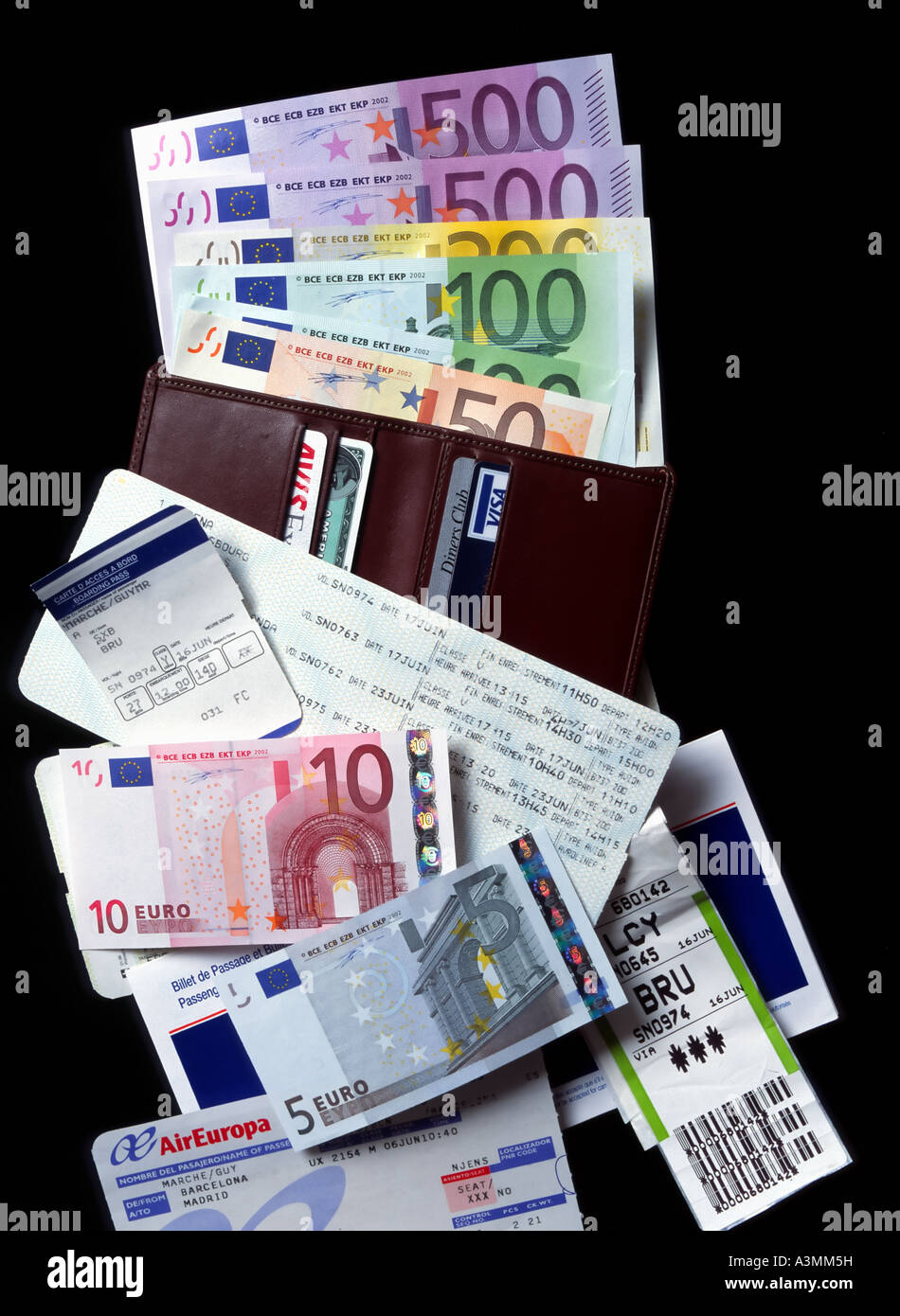 WALLET WITH THE 7 DIFFERENT EURO BANKNOTES AND AIRPLANE TICKETS Stock ...