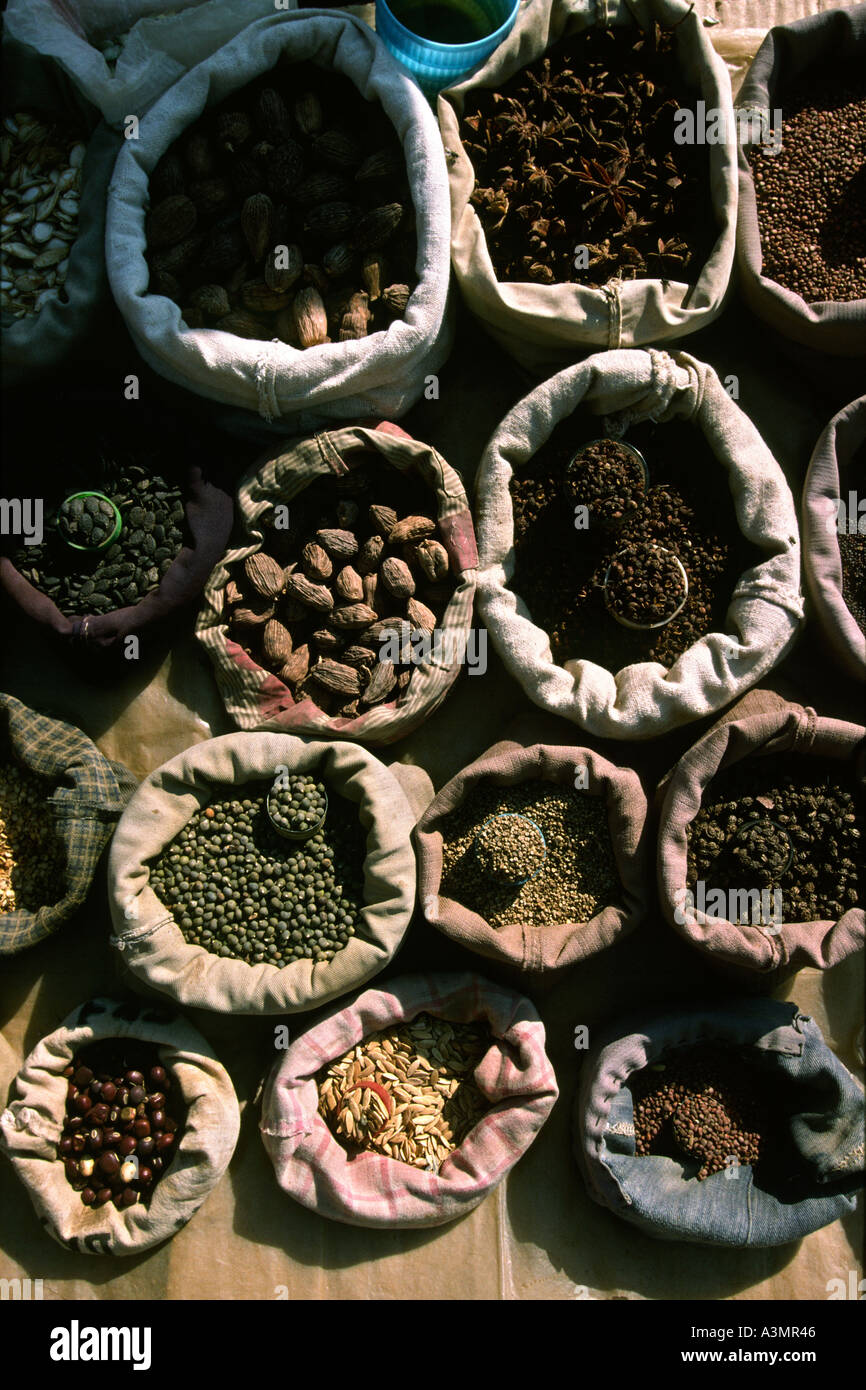 Myanmar Burma food bags of spices on market stall Stock Photo - Alamy