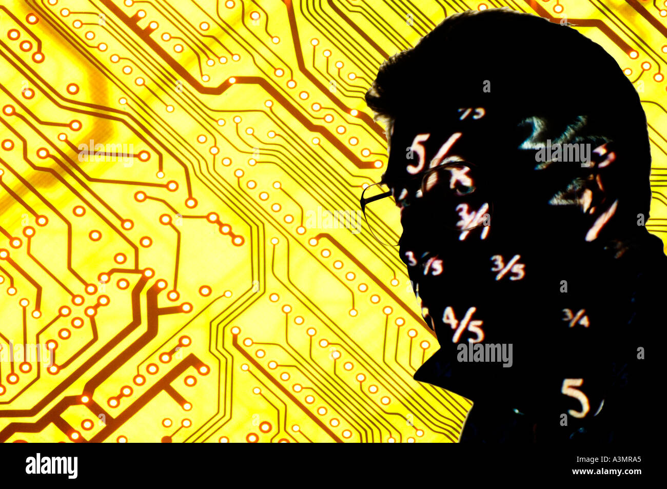 man studying circuit board image on screen math symbols projected Stock ...