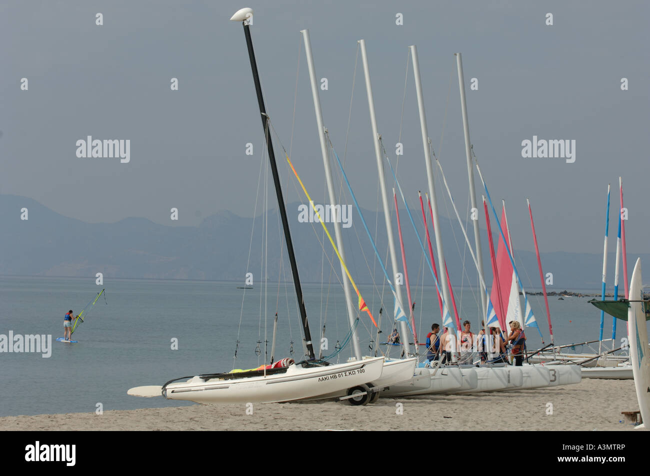 Darts and Hobicats catamaran on beach in Kos. Greece Stock Photo - Alamy
