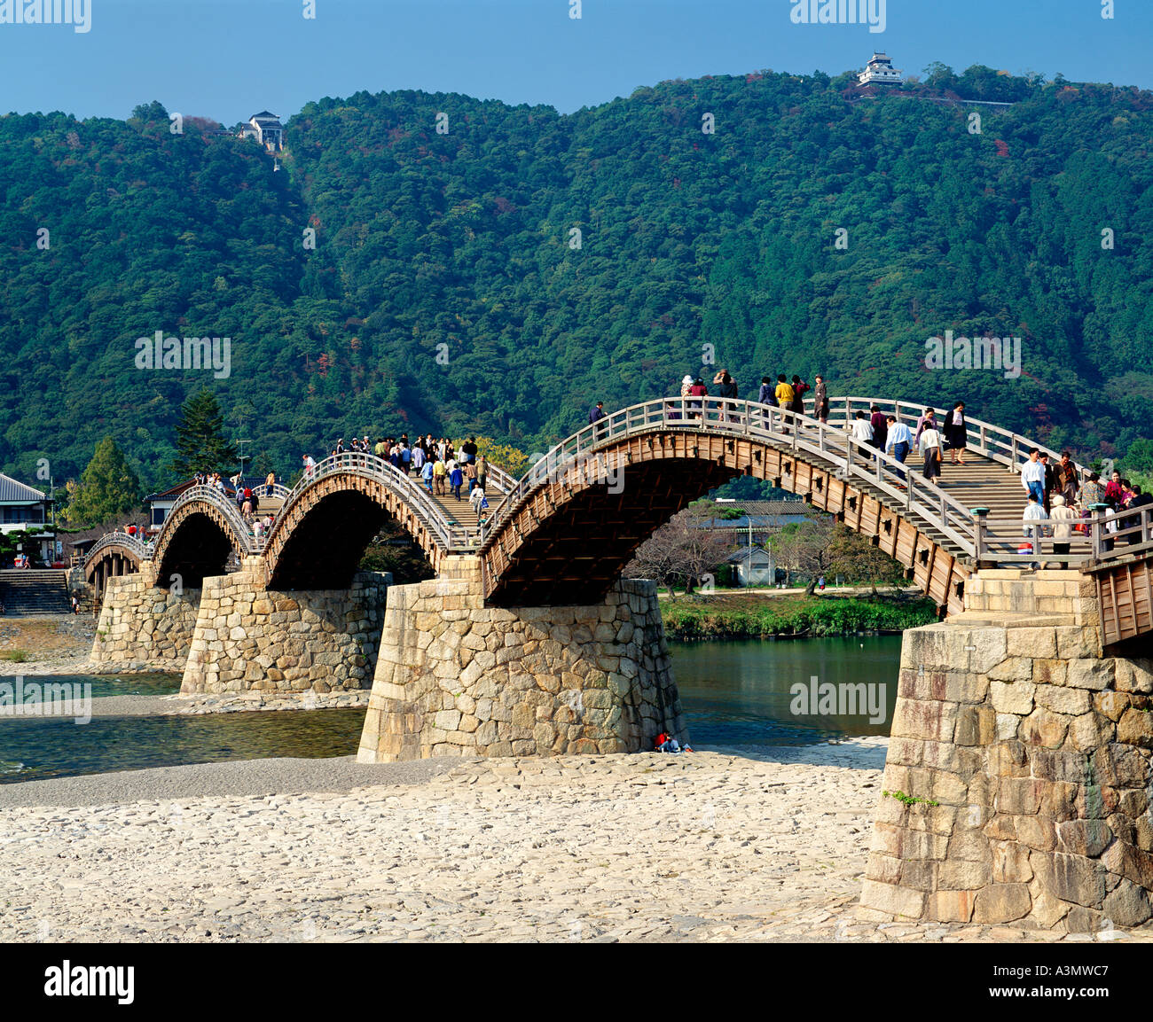 Kintai Bridge, a 17th century construction, near Hiroshima, Honshu ...