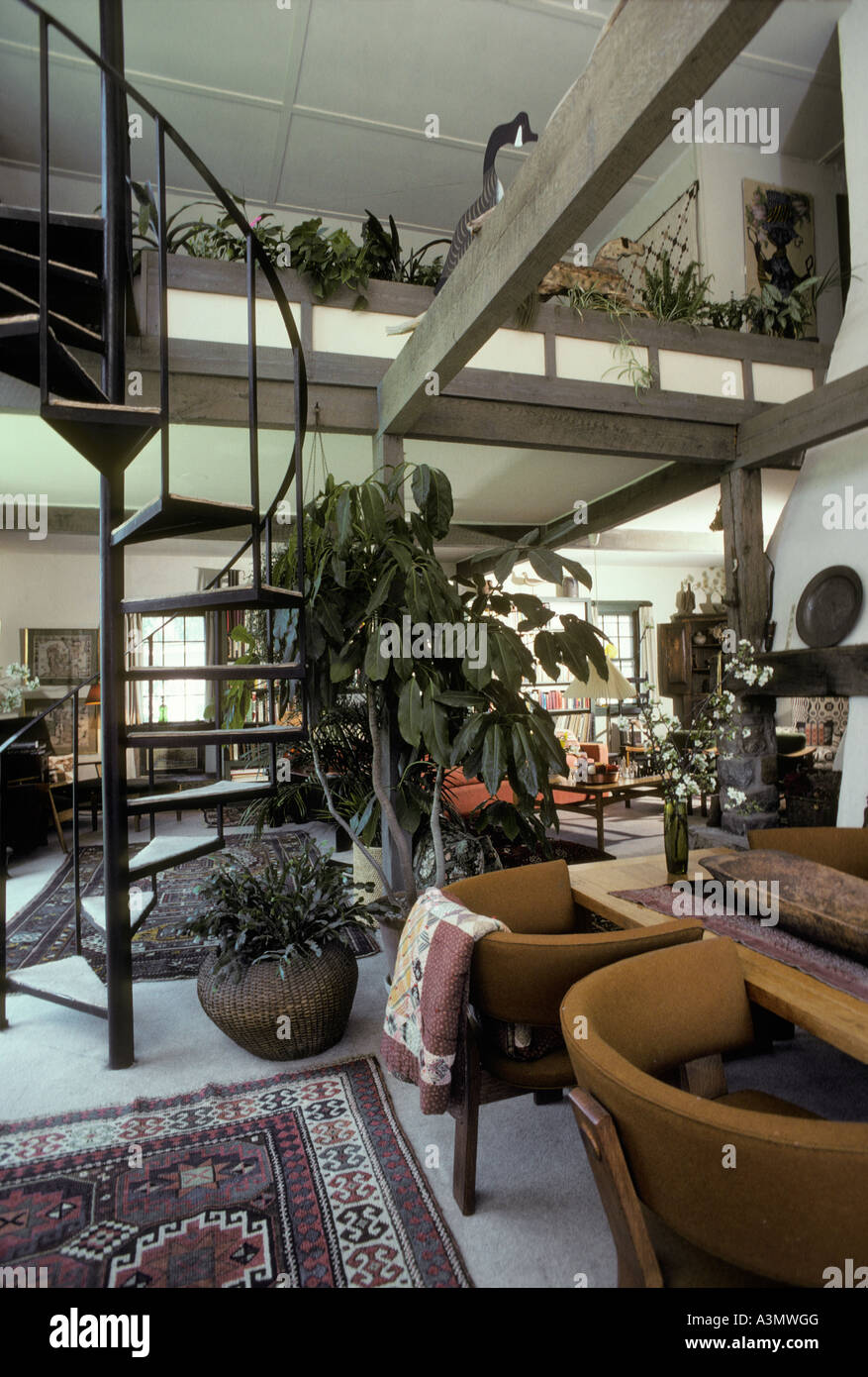 Interior living room circular stair staircase open rafters Stock Photo ...