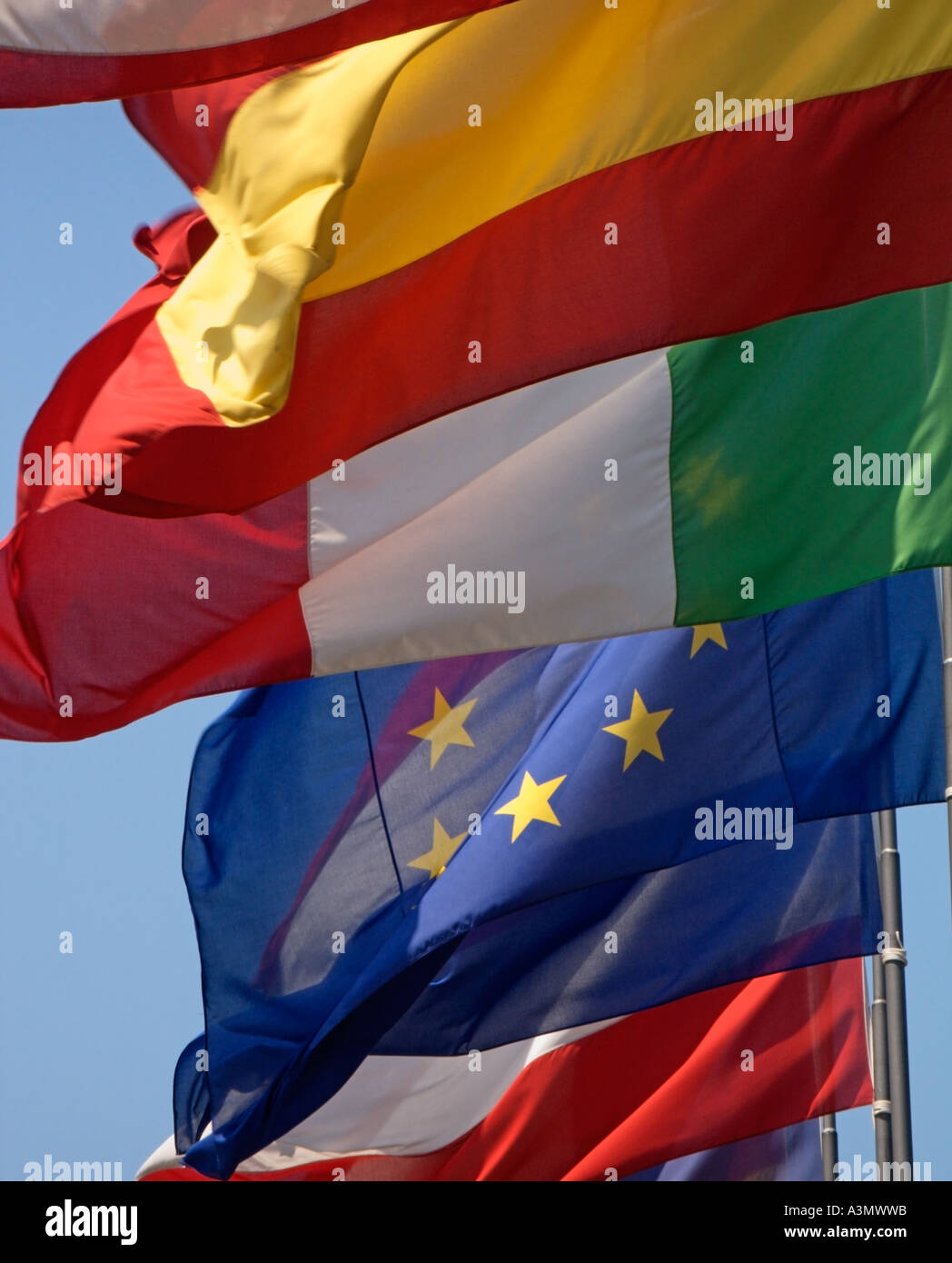 Flags of the Spain, Ireland and European Union countries flying in the ...