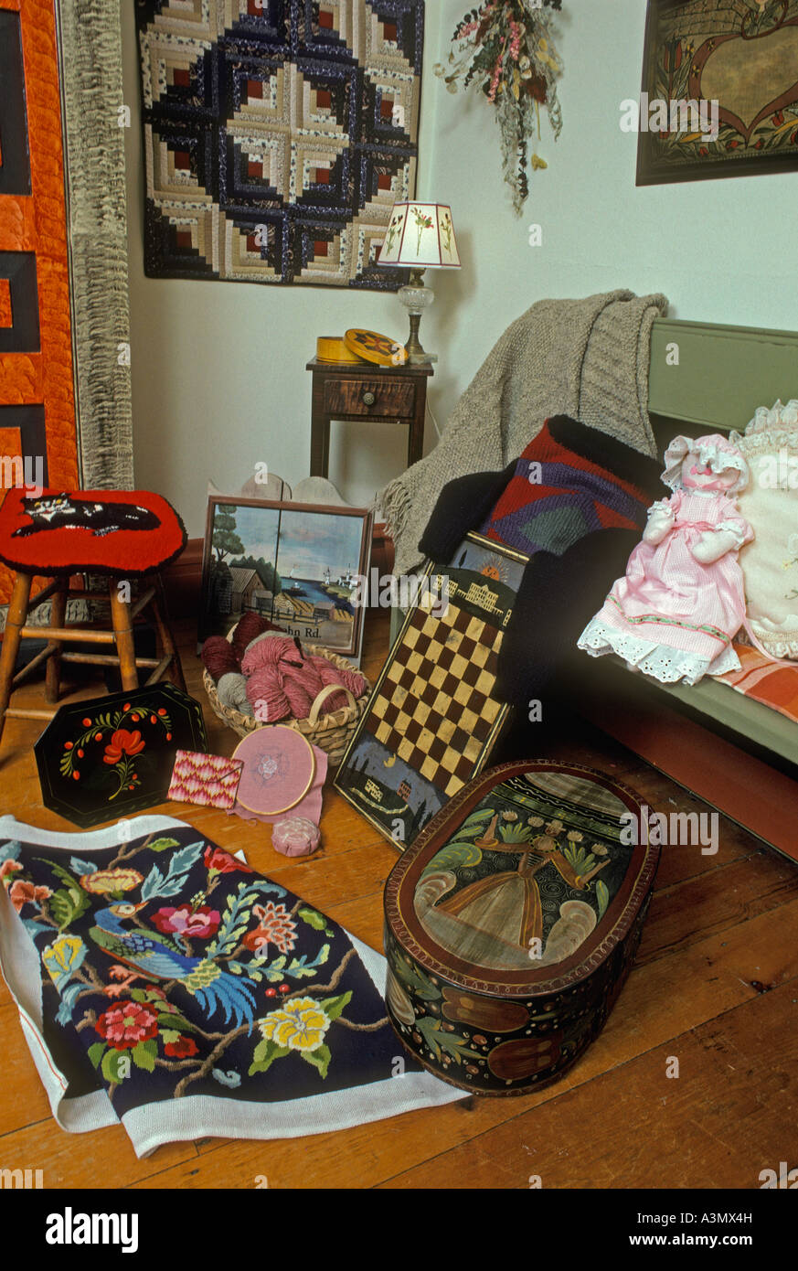 early american assorted craft items quilts painted boxes house sign ...
