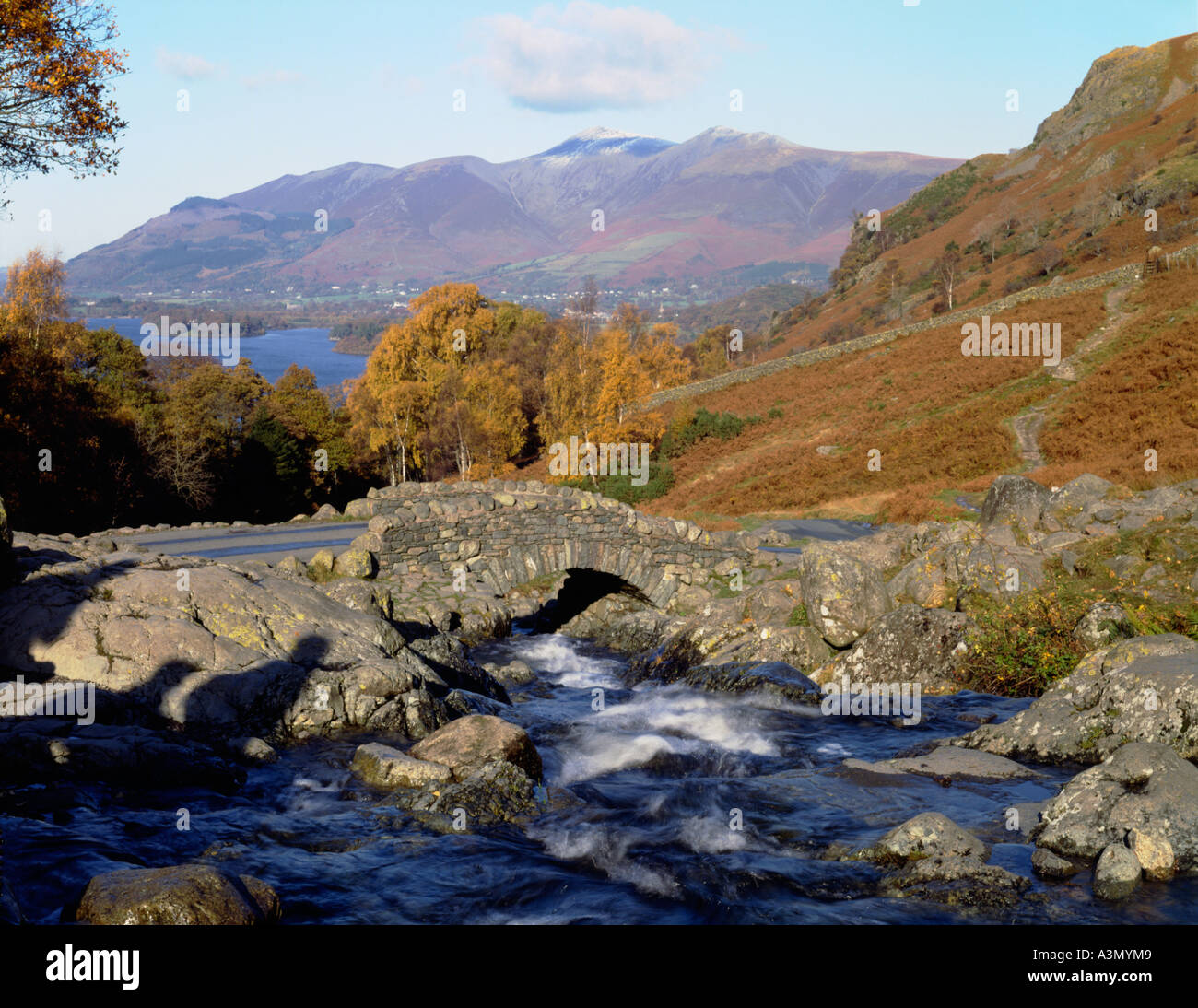 Ashness Bridge looking across to Derwent Water and Skiddaw, within the ...