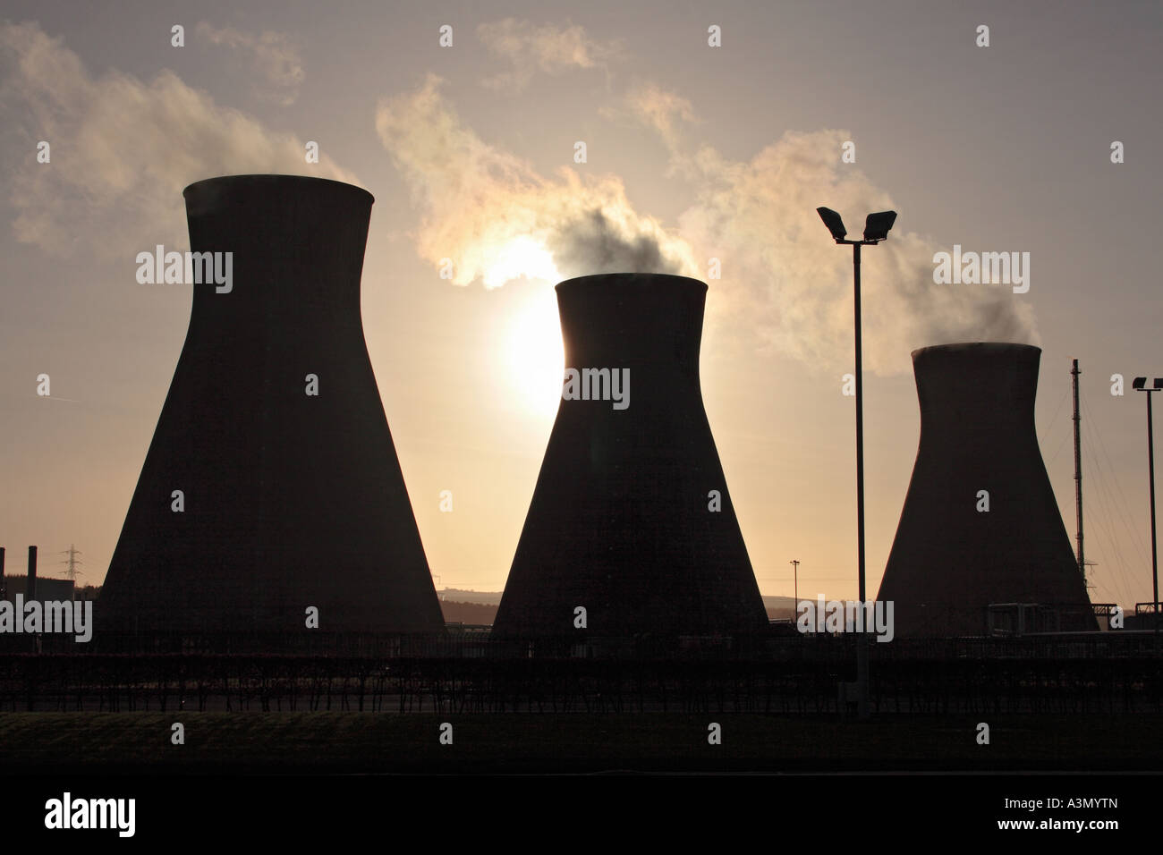Cooling towers showing air pollution at Grangemouth refinery near ...