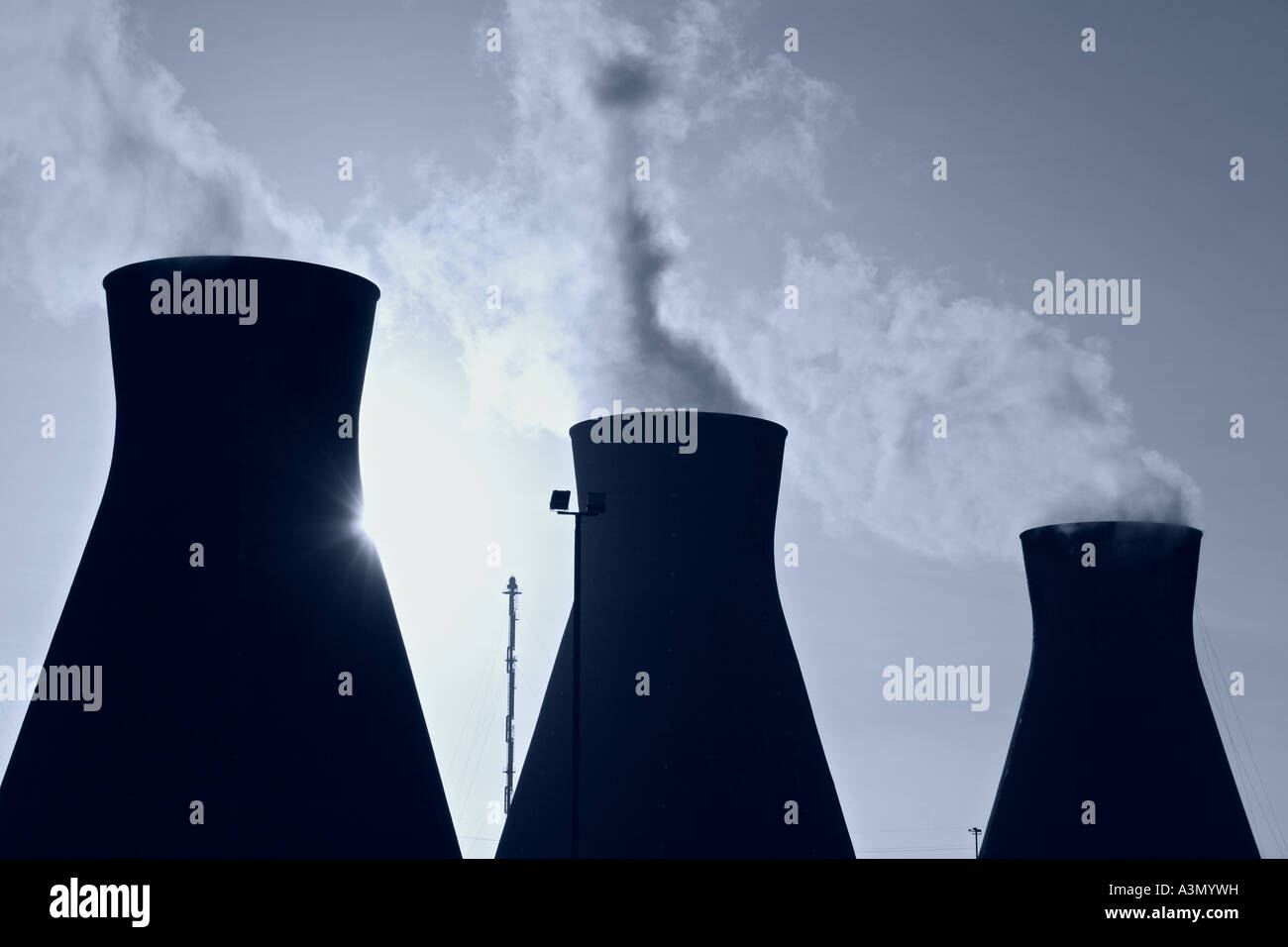 Monochrome cooling towers at Grangemouth refinery near Falkirk Scotland ...