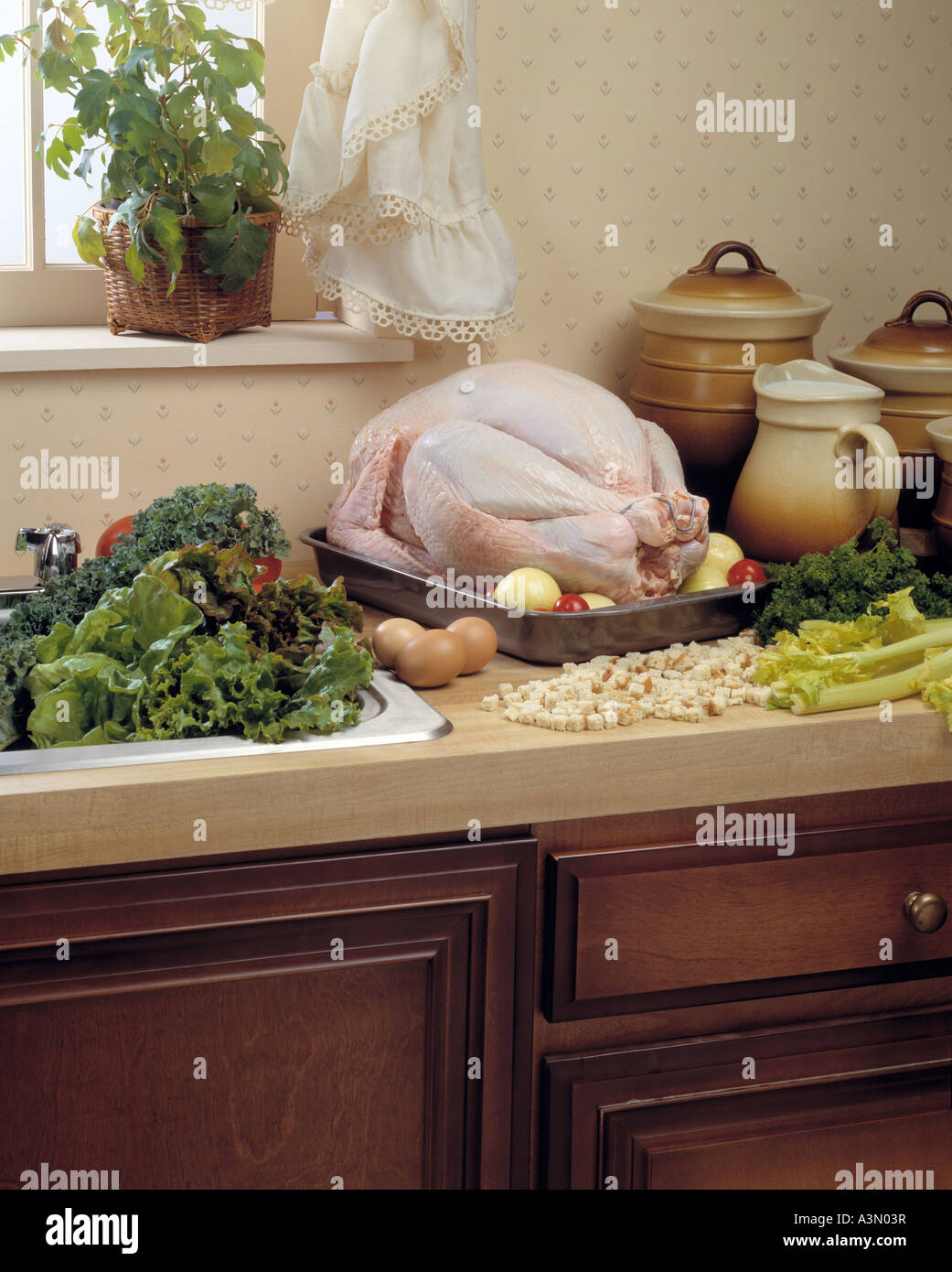 kitchen counter top raw whole turkey dinner ingredients preperation ...
