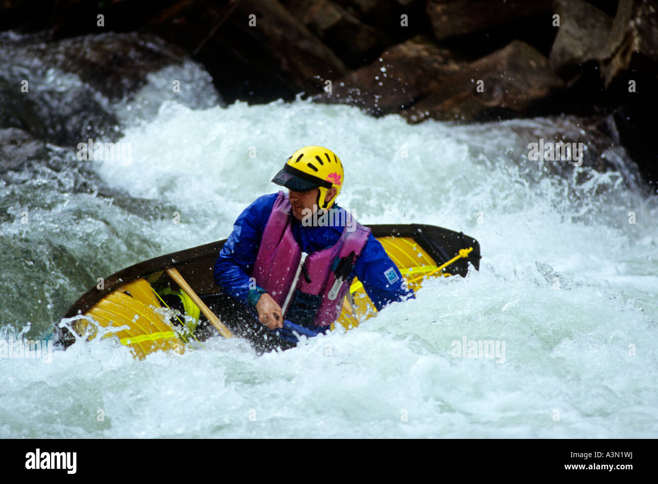White-water canoe in Upper Nantahala Falls next to outdoor center Stock ...