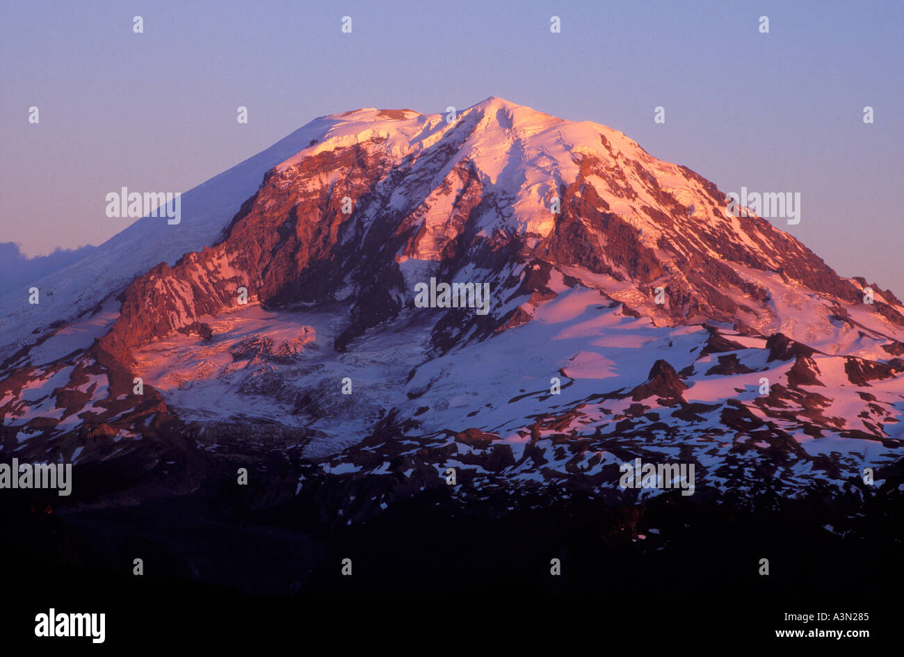 Evening light on Willis Wall and Mt Rainier from above Summit Lake in ...