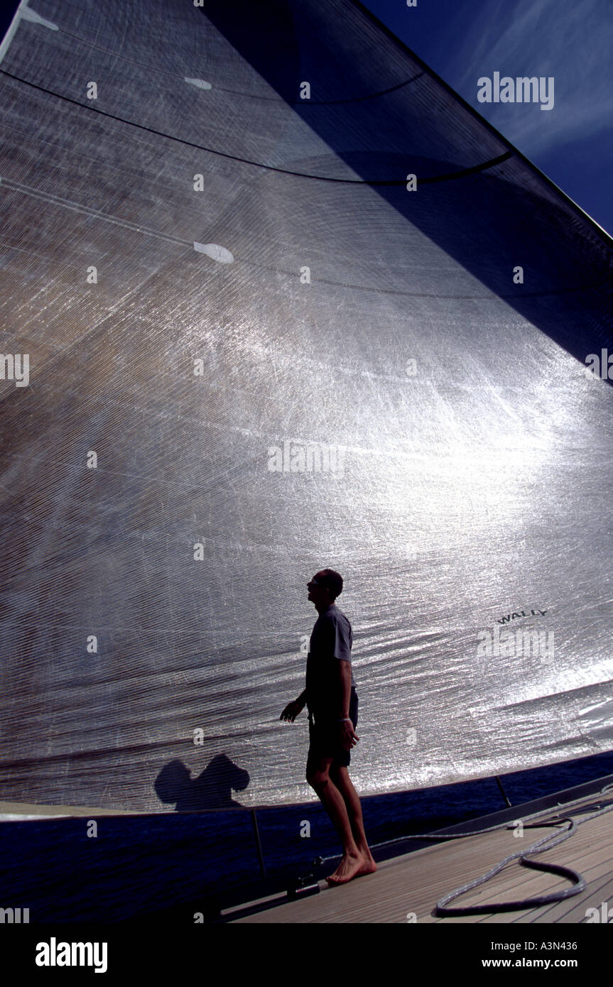 Crew member check the trim of huge headsail onboard Wally yacht Wally B ...