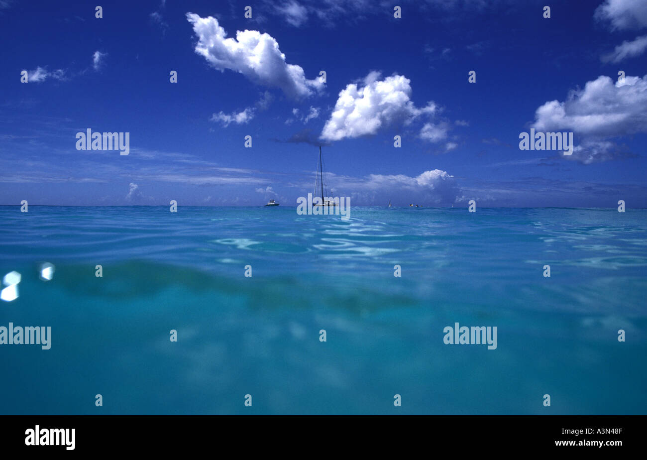 Above and below surface of the Caribbean sea with anchored yacht in ...