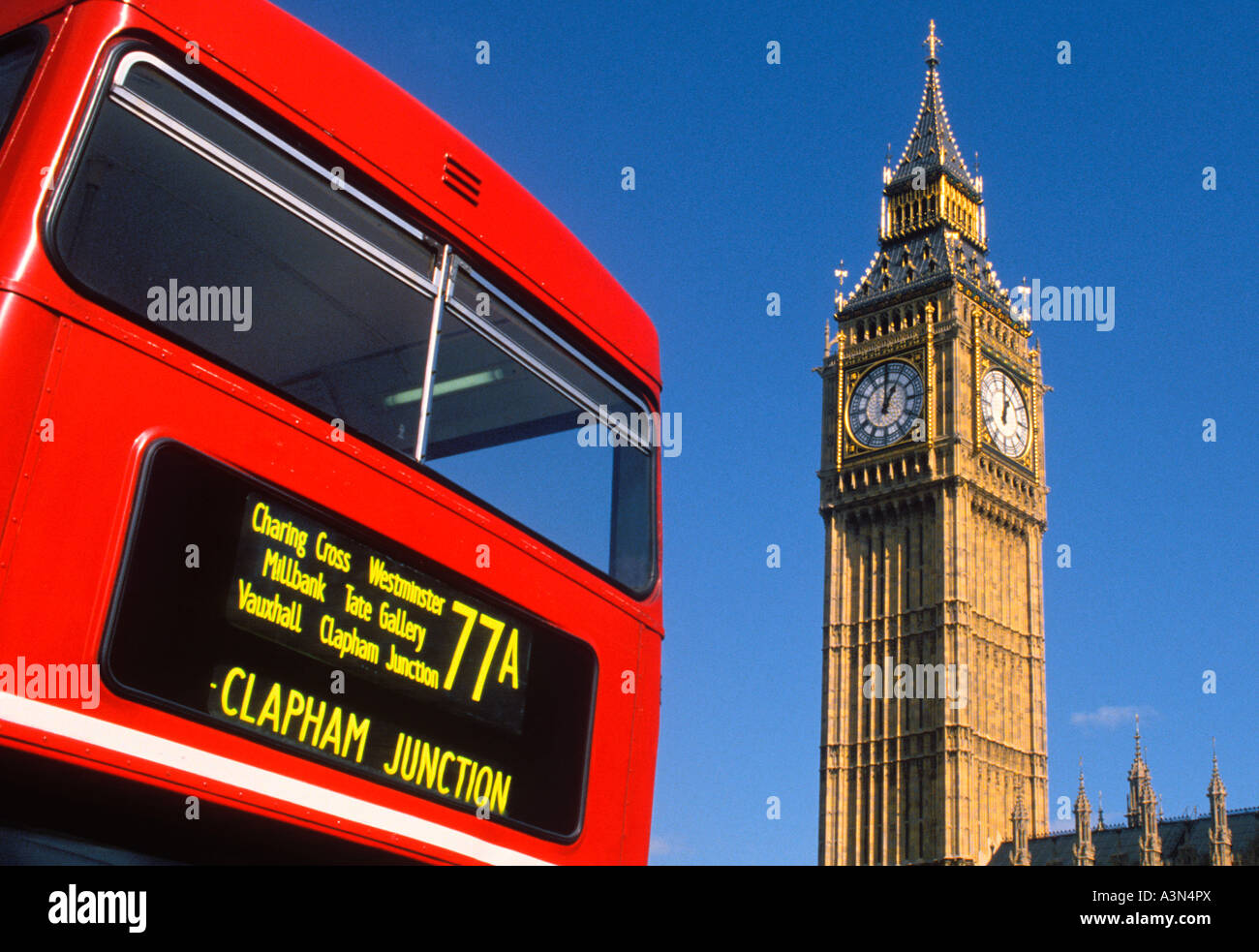 London, England, Big Ben red double decker bus .Clock face. Clock Tower ...
