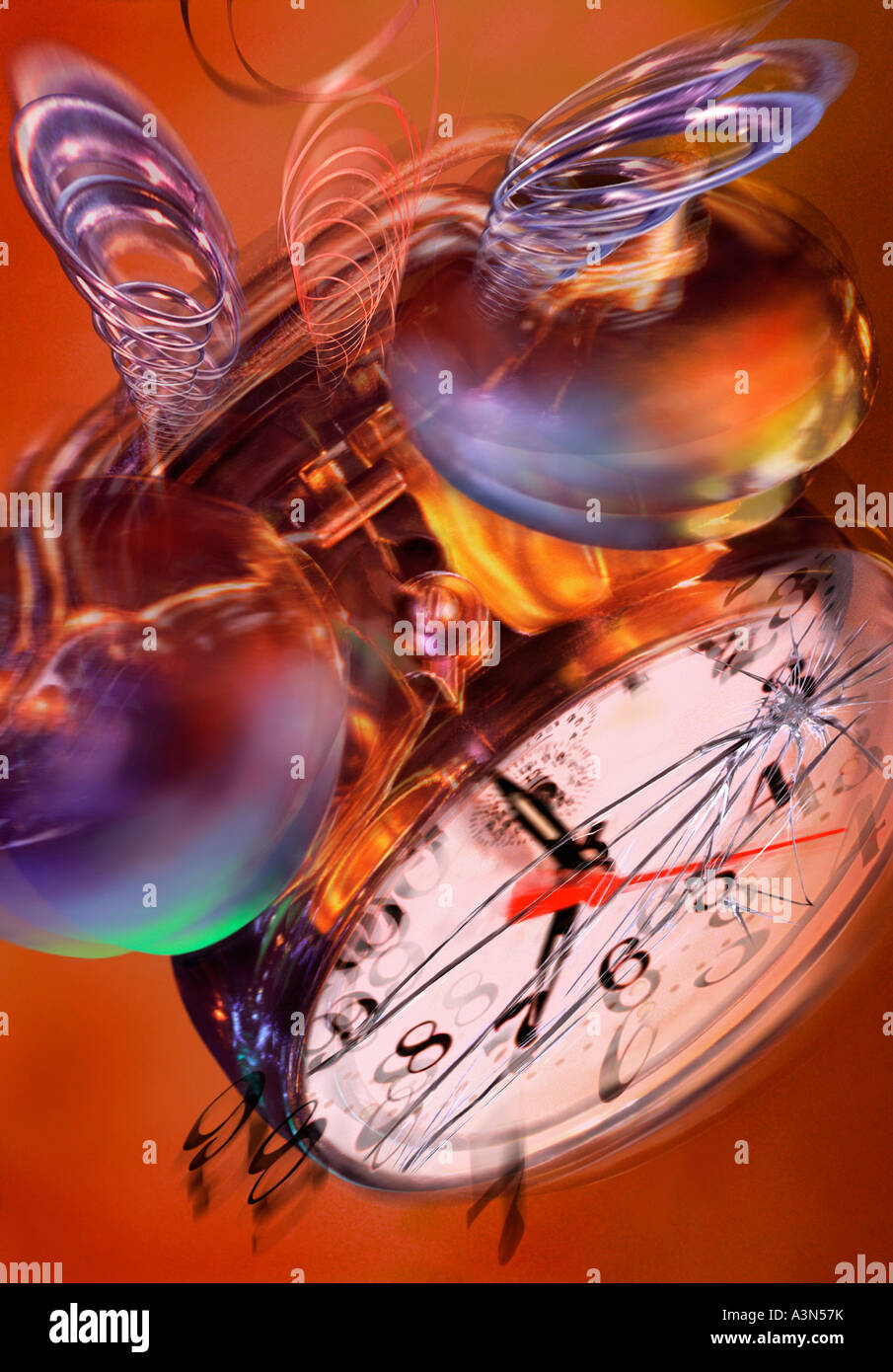 Alarm clock ringing at 7 am. Wake up call and shattered broken glass on ...