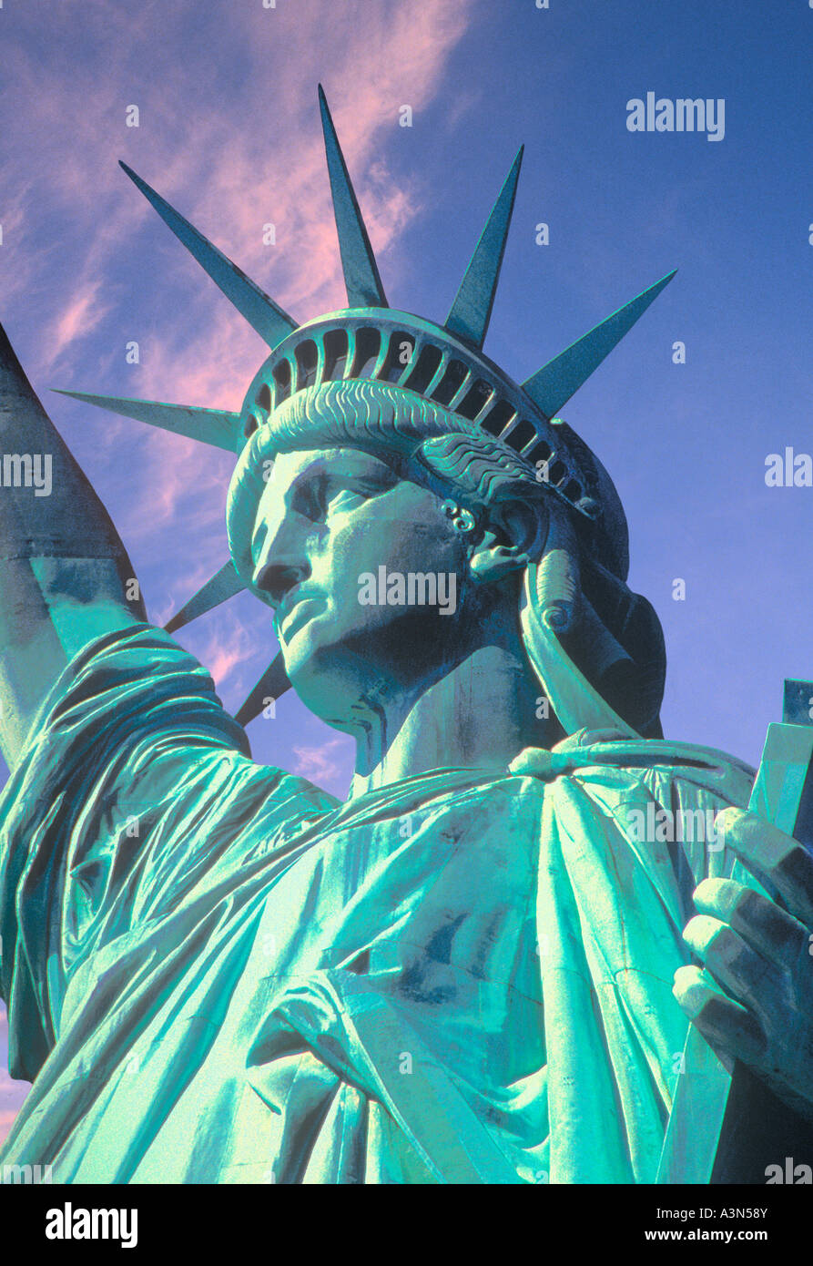 Statue of Liberty close up New York, day. Upper body. Hand holding ...