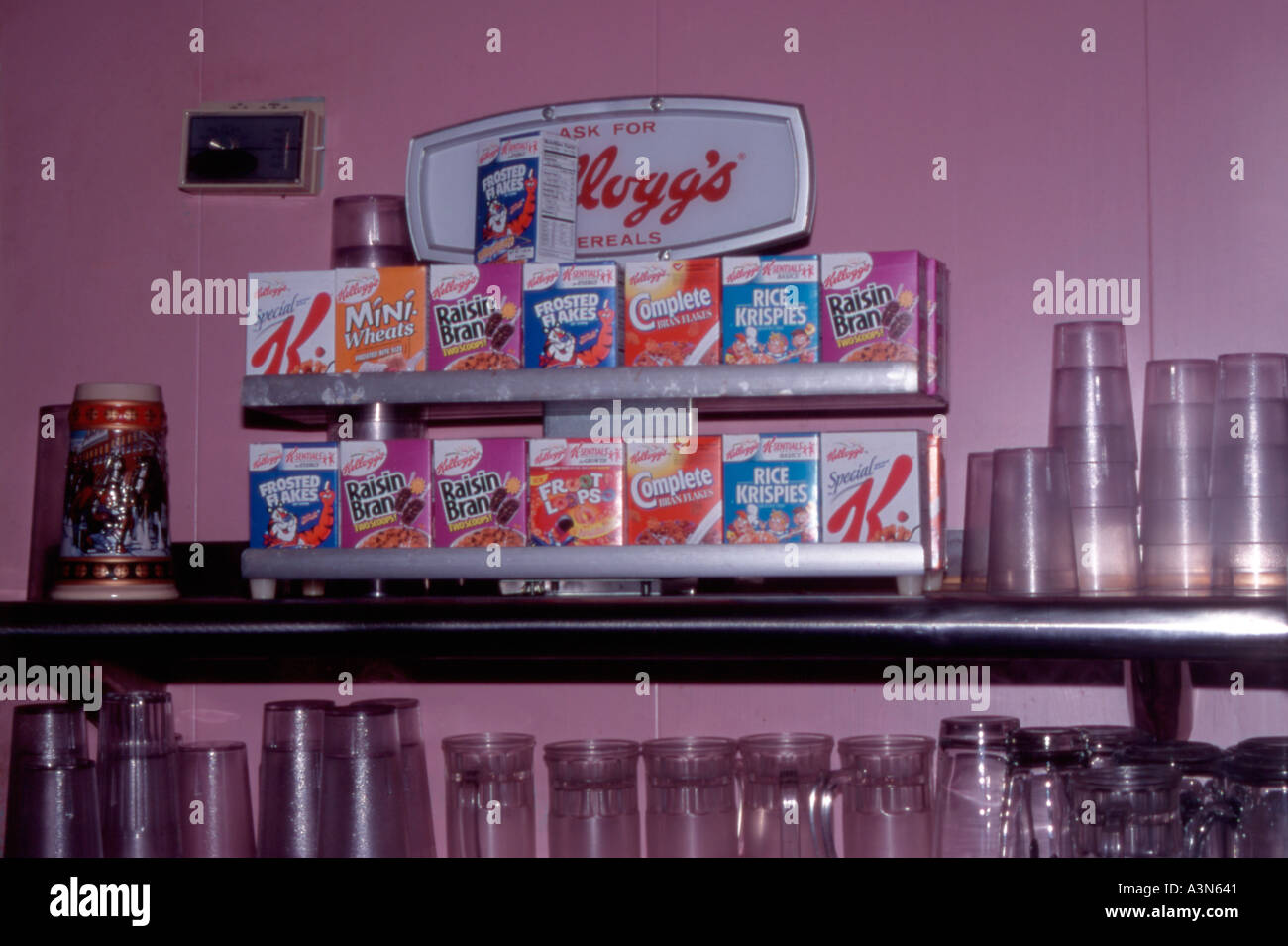 Breakfast cereal on display in American diner Stock Photo - Alamy