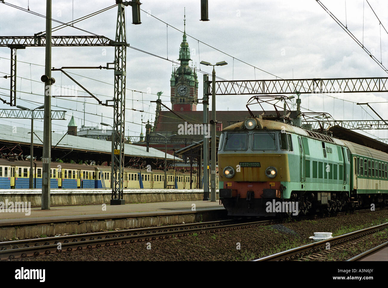 A long-distance train at the central station in Gdansk, Poland Stock ...