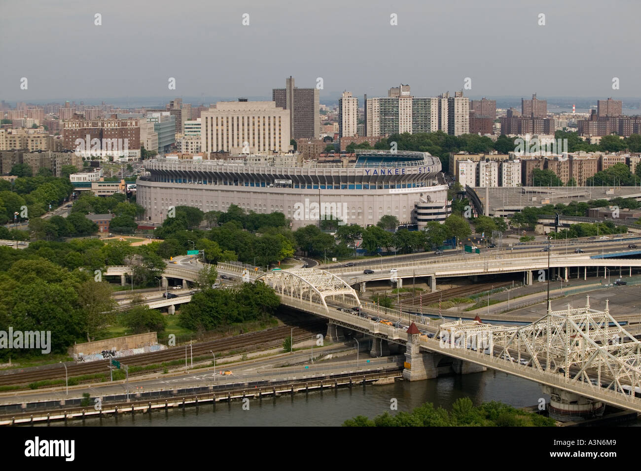 Eastward looking aerial view from Harlem of the Yankee stadium C and ...