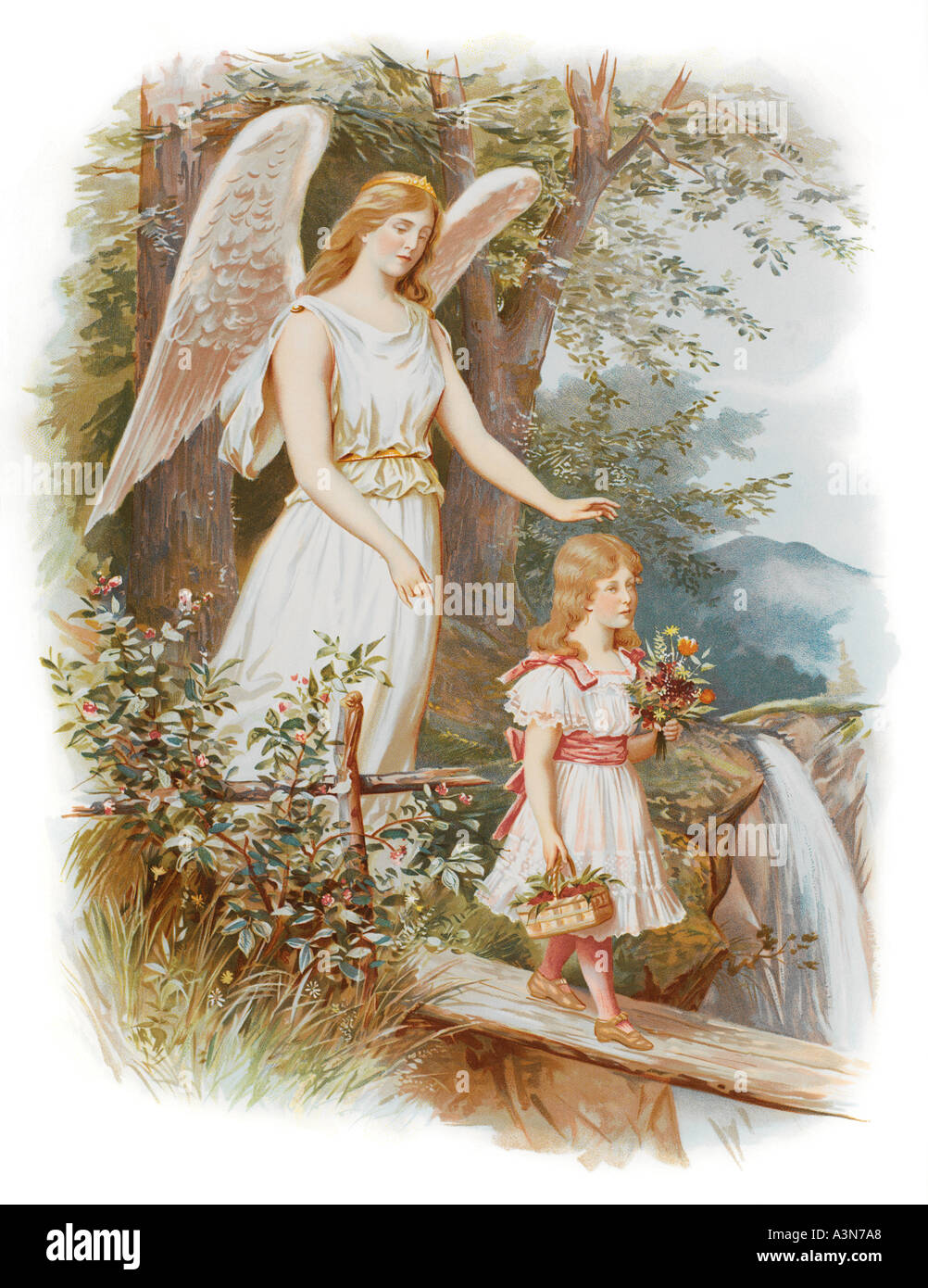 Vintage illustration of Guardian Angel and child Stock Photo - Alamy