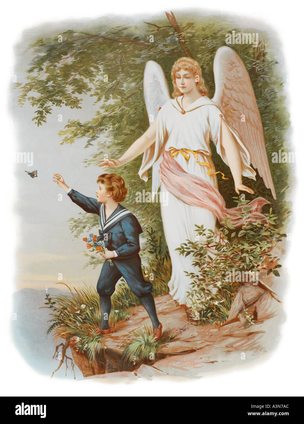 Vintage illustration of Guardian Angel and children Stock Photo - Alamy