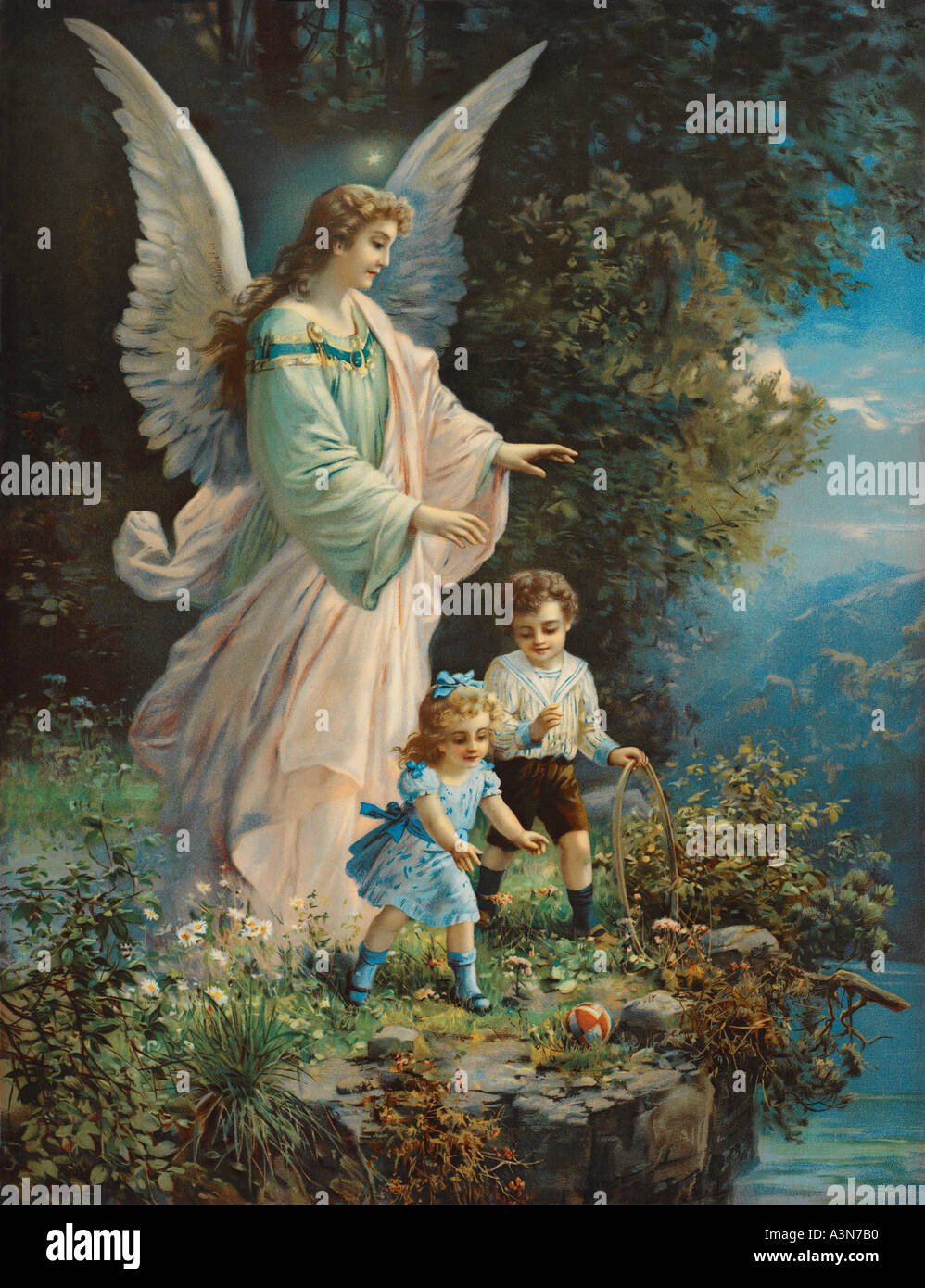 Vintage illustration of Guardian Angel and children Stock Photo - Alamy