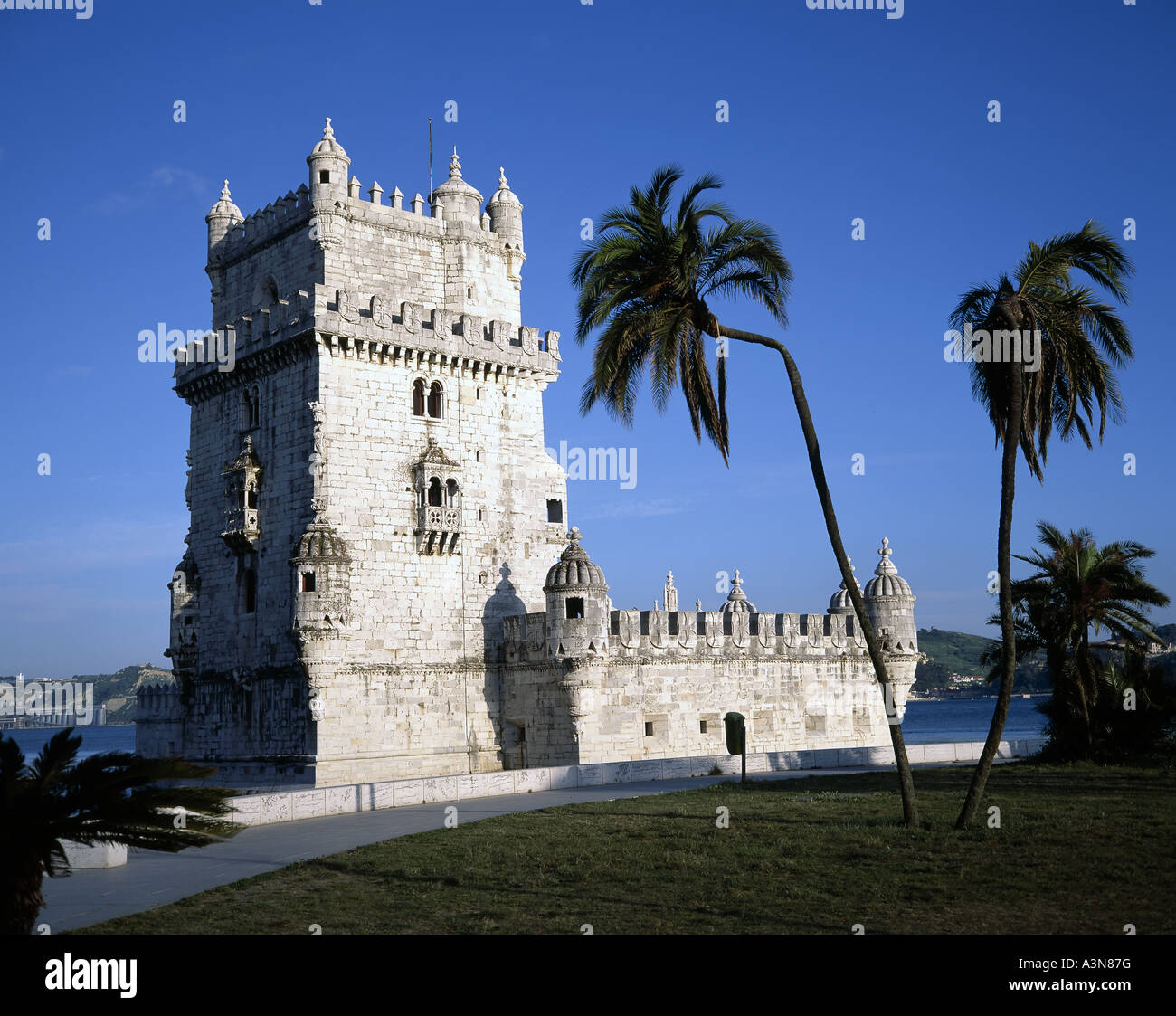TORRE DE BELEM MANUELINE TOWER BUILT 16th Century AND PALM TREES LISBON ...