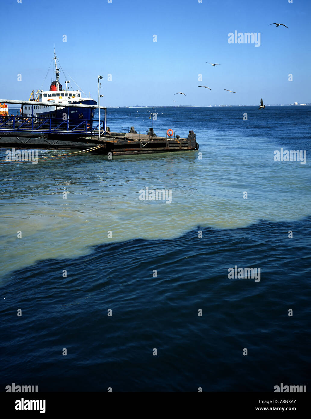 ENVIRONMENTAL POLLUTION IN TAGUS RIVER AND FERRY-BOAT AT LANDING PIER ...