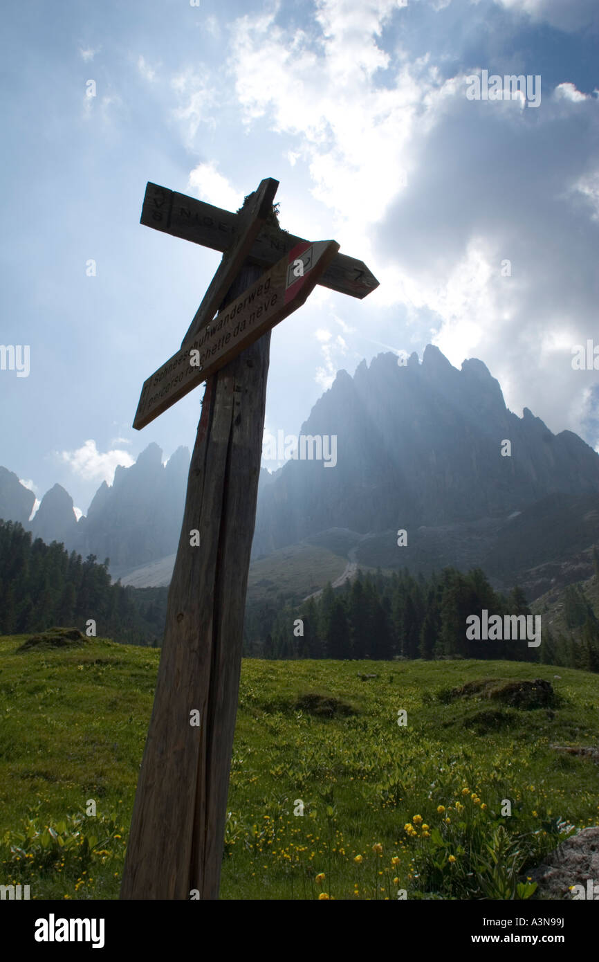 Walkers' signpost in the Dolomites, Italy Stock Photo - Alamy