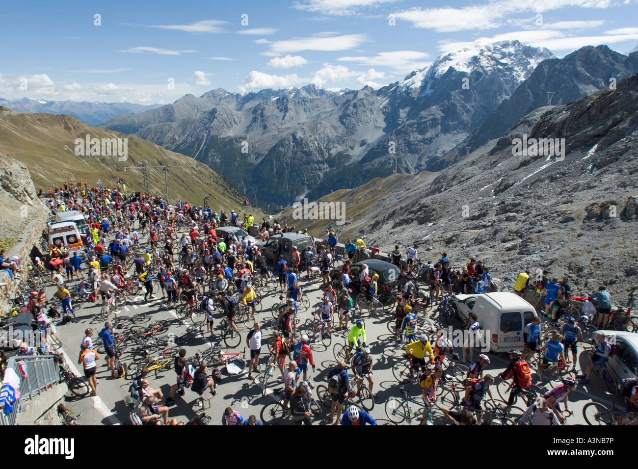Cyclists during the annual Stelvio Bike day, at the mountain pass of ...