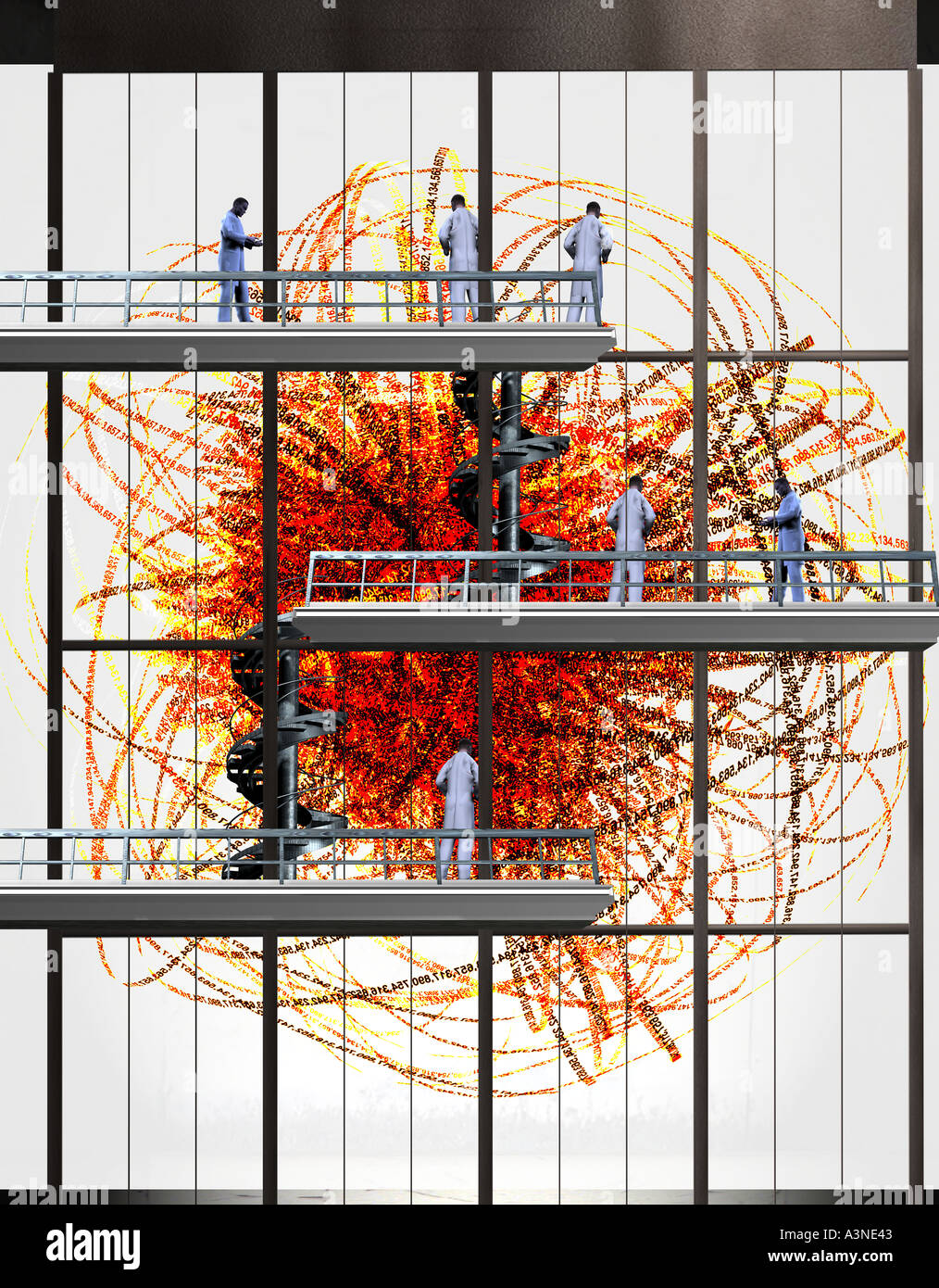 3D ILLUSTRATION OF A MESS OF NUMBERS BEING WORKED ON BY SCIENTISTS ...