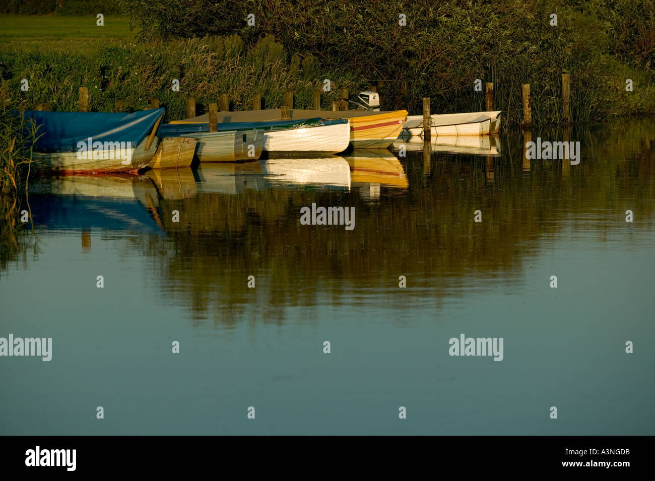 Boats tied up along bank of the Ribe River Ribe Jutland Denmark Stock ...