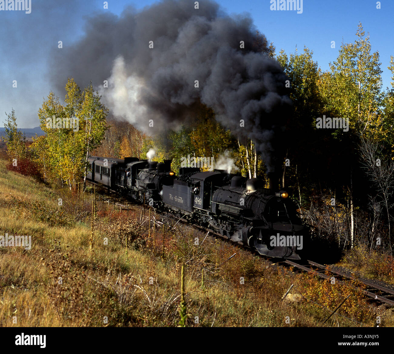 Steam engines chugging up mountain, Chama, New Mexico, USA Stock Photo ...