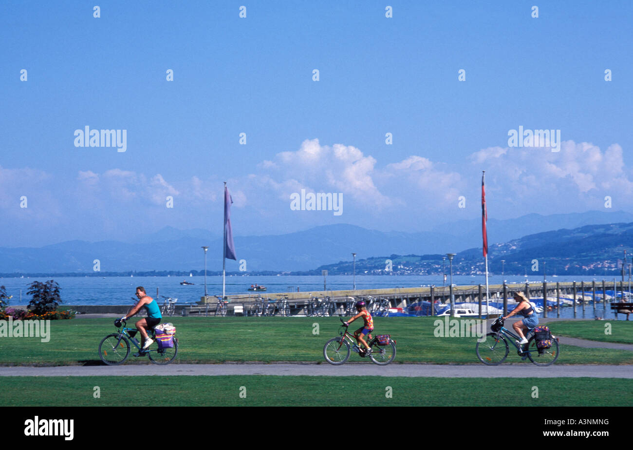 Family on a cycle tour in Arbon Lake Constance Switzerland Stock Photo ...