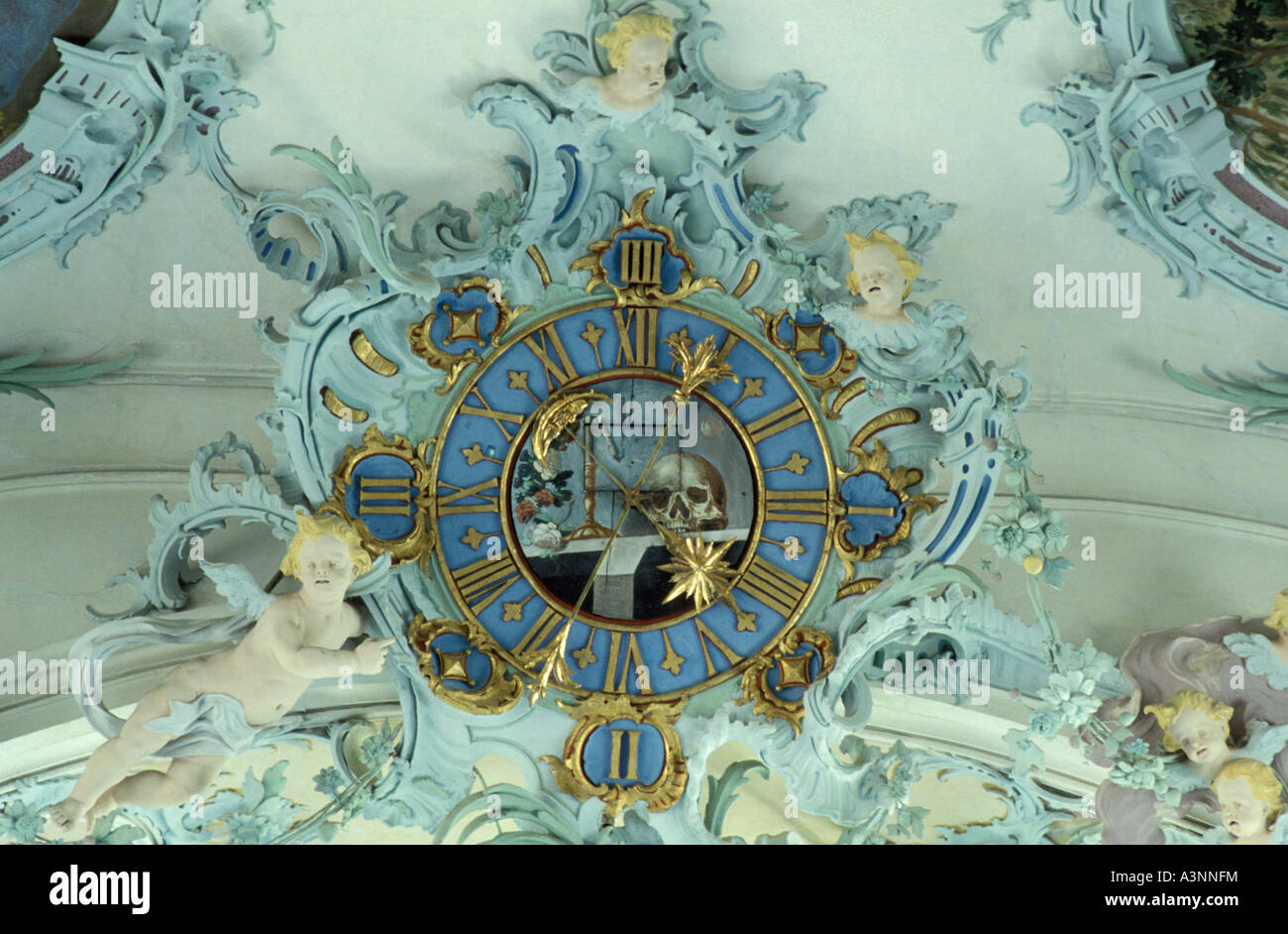 Clock at the ceiling of the rokoko church at Kartause Ittingen ...