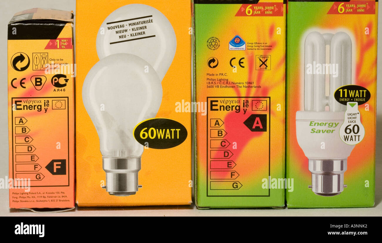 Comparison between ordinary and energy saving bulbs Stock Photo - Alamy