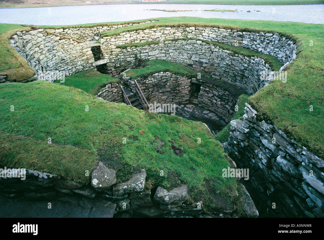 Massive walls and interior of Clickhimin prehistoric broch on the edge ...