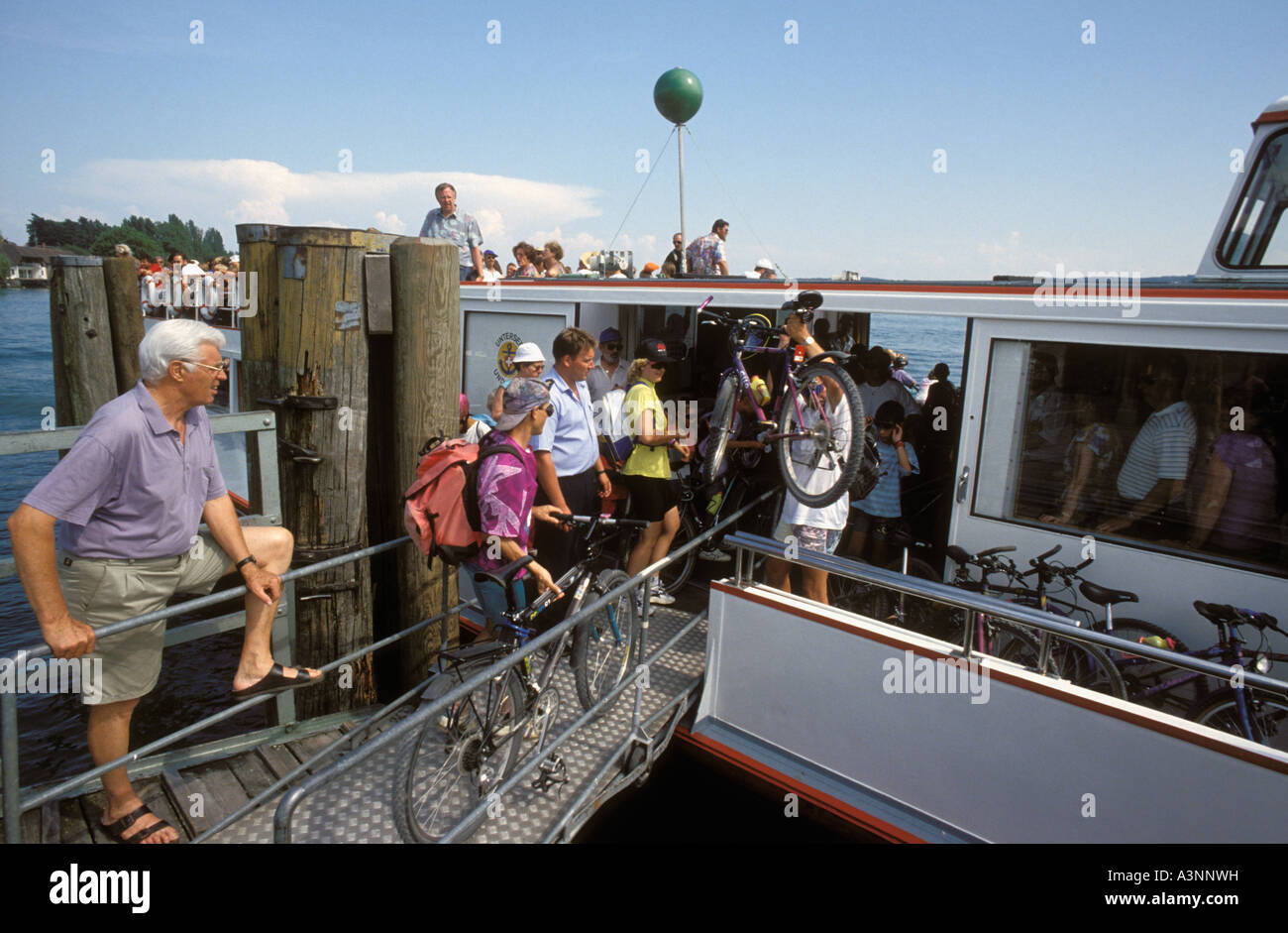 Ship at the landing place in Loechnerhaus Reichenau Island Lake ...