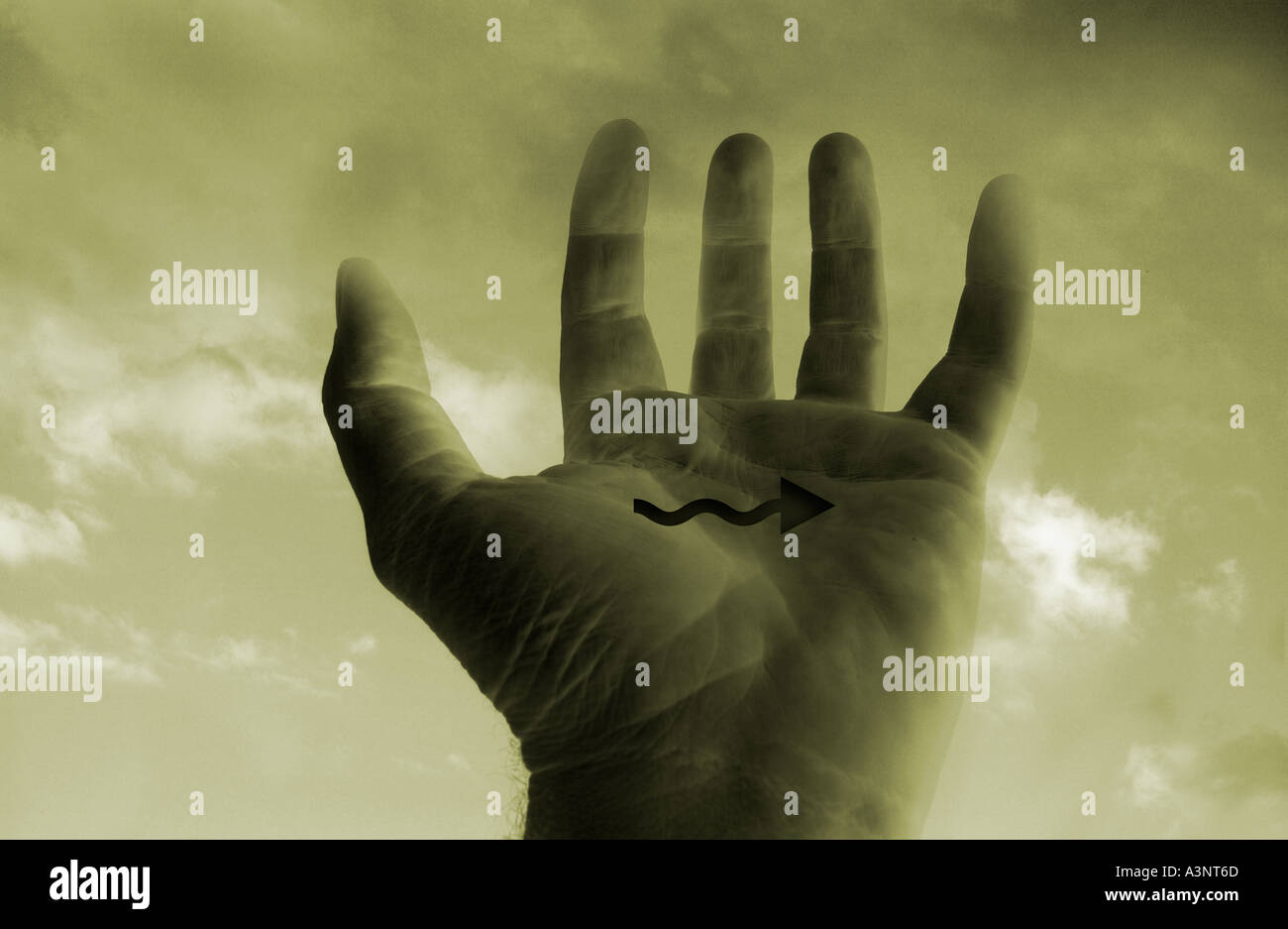 Hand with directional arrow and clouds in collage Stock Photo - Alamy